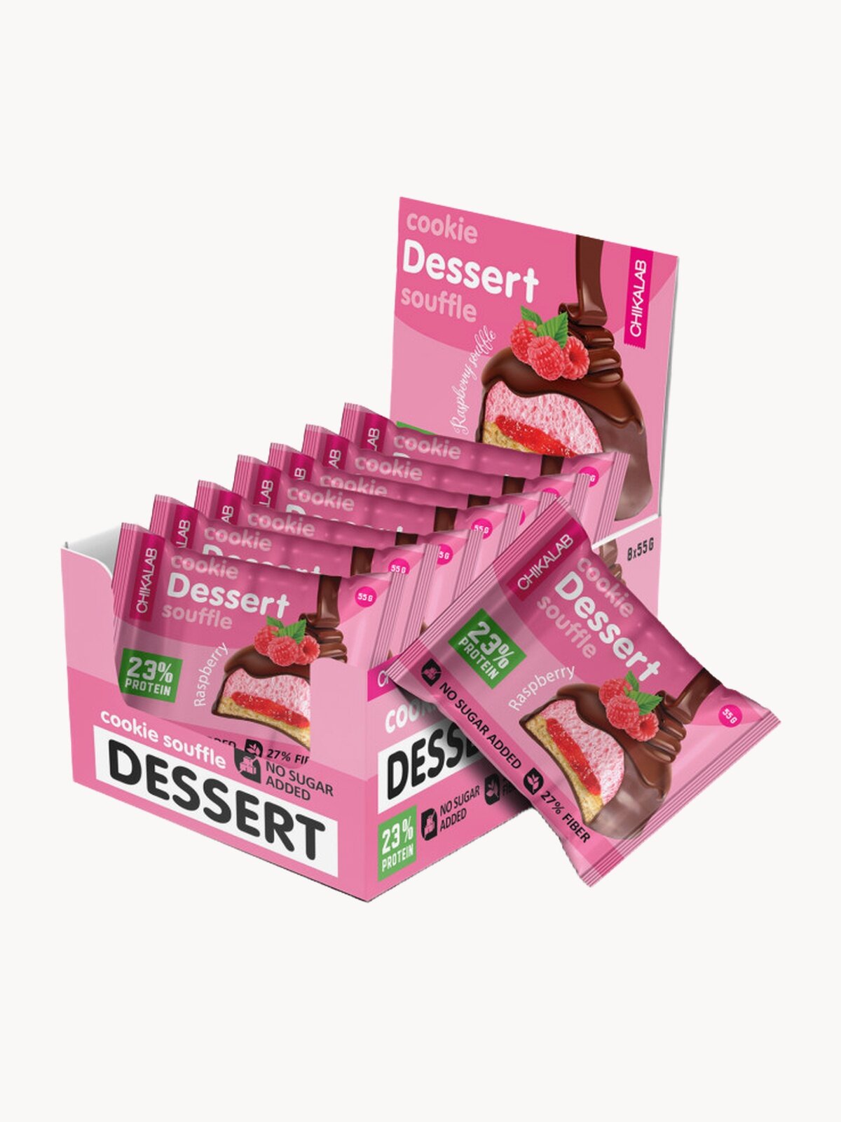 CHIKALAB Протеиновое печенье с суфле в шоколаде без сахара "Малина", 8шт х 55г