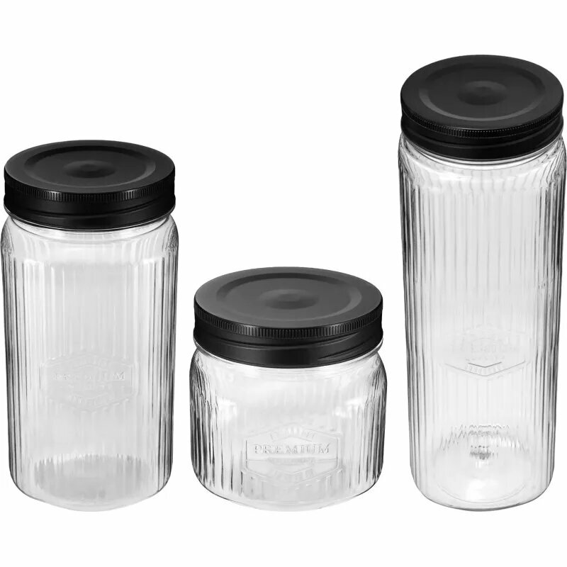 Набор банок квадратных с рельефом PREMIUM 0.6л, 1.3л, 2л(Черный)