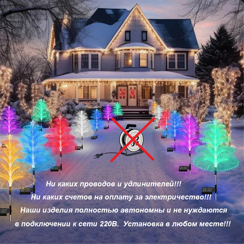 Ёлочка светодиодная оптоволоконная на солнечной батарее для садовой декоративной подсветки, IP65