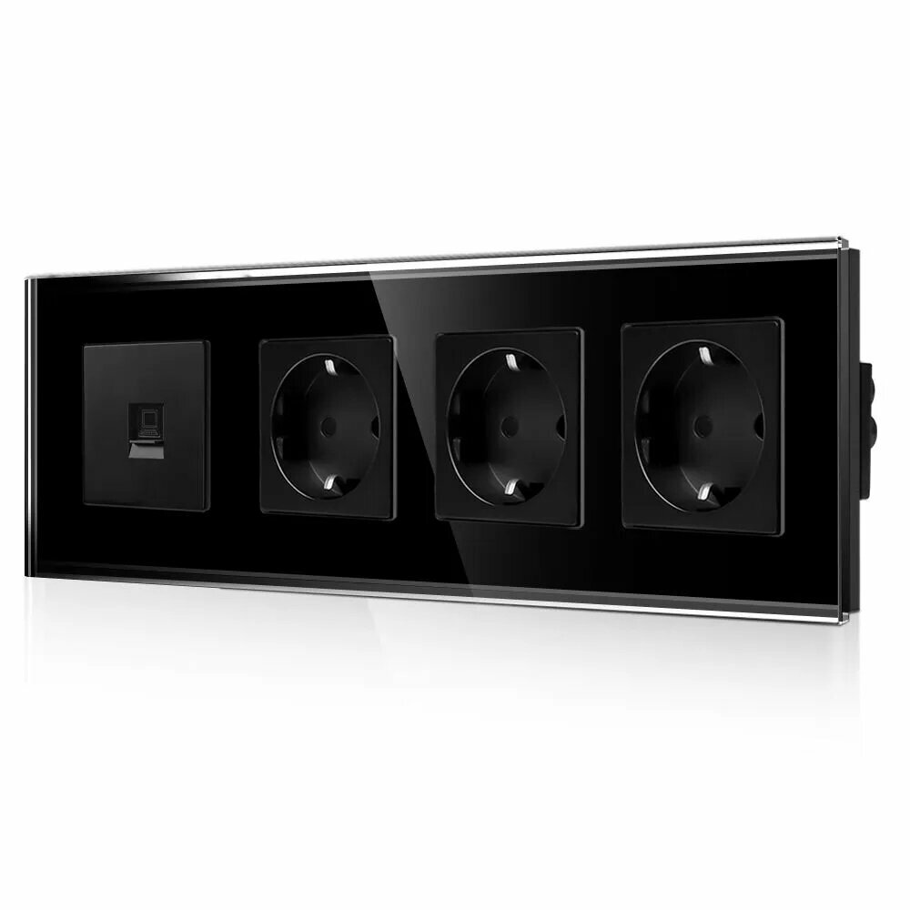 Розетка электрическая 4 поста 220В +Розетка RJ-45 CAT6 Ethernet черный Стекло
