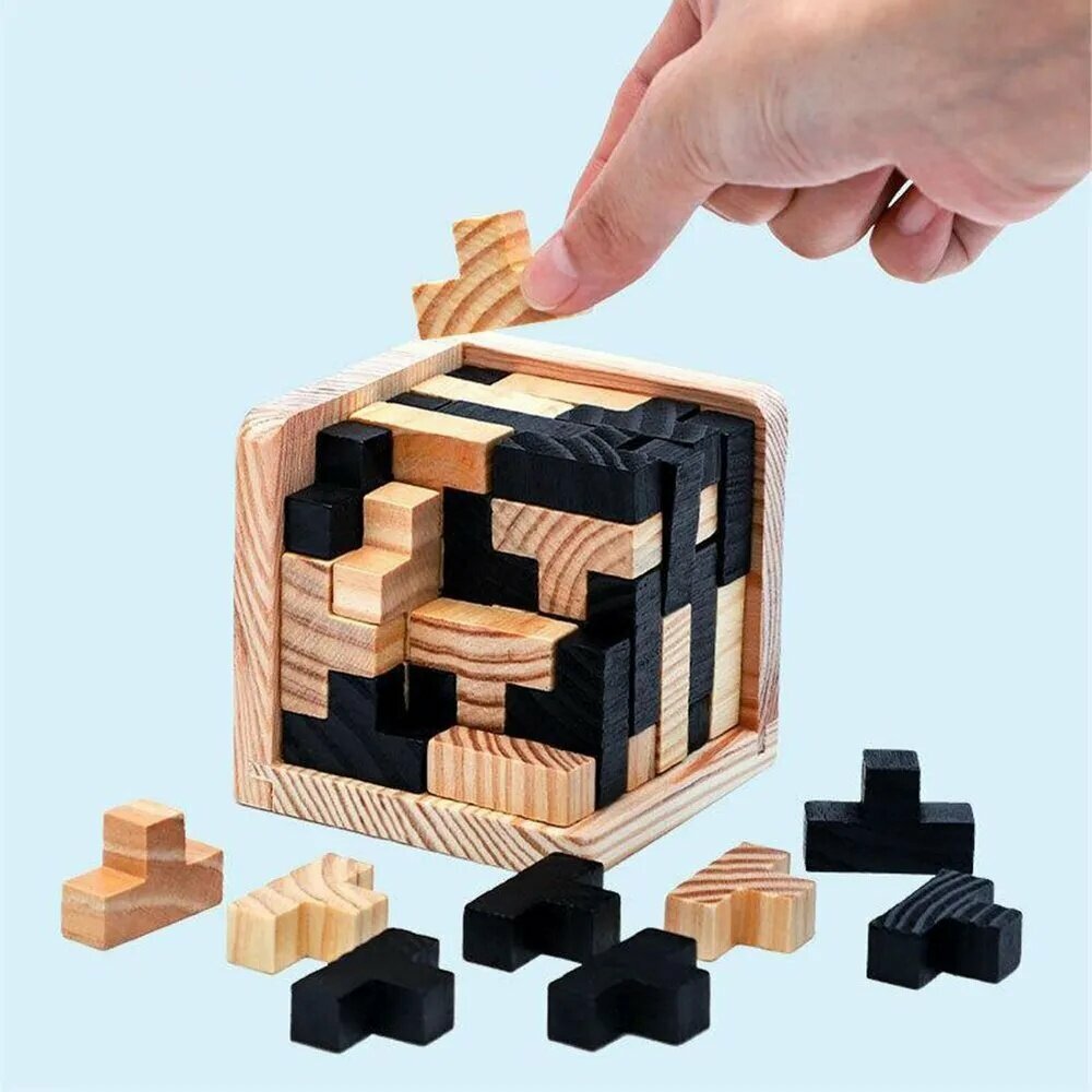 Головоломка деревянный кубик пирамида, черно-бежевый/Обучающий, интересный 3d тетрис для детей и взрослых для развития мелкой моторики, памяти и логического мышления