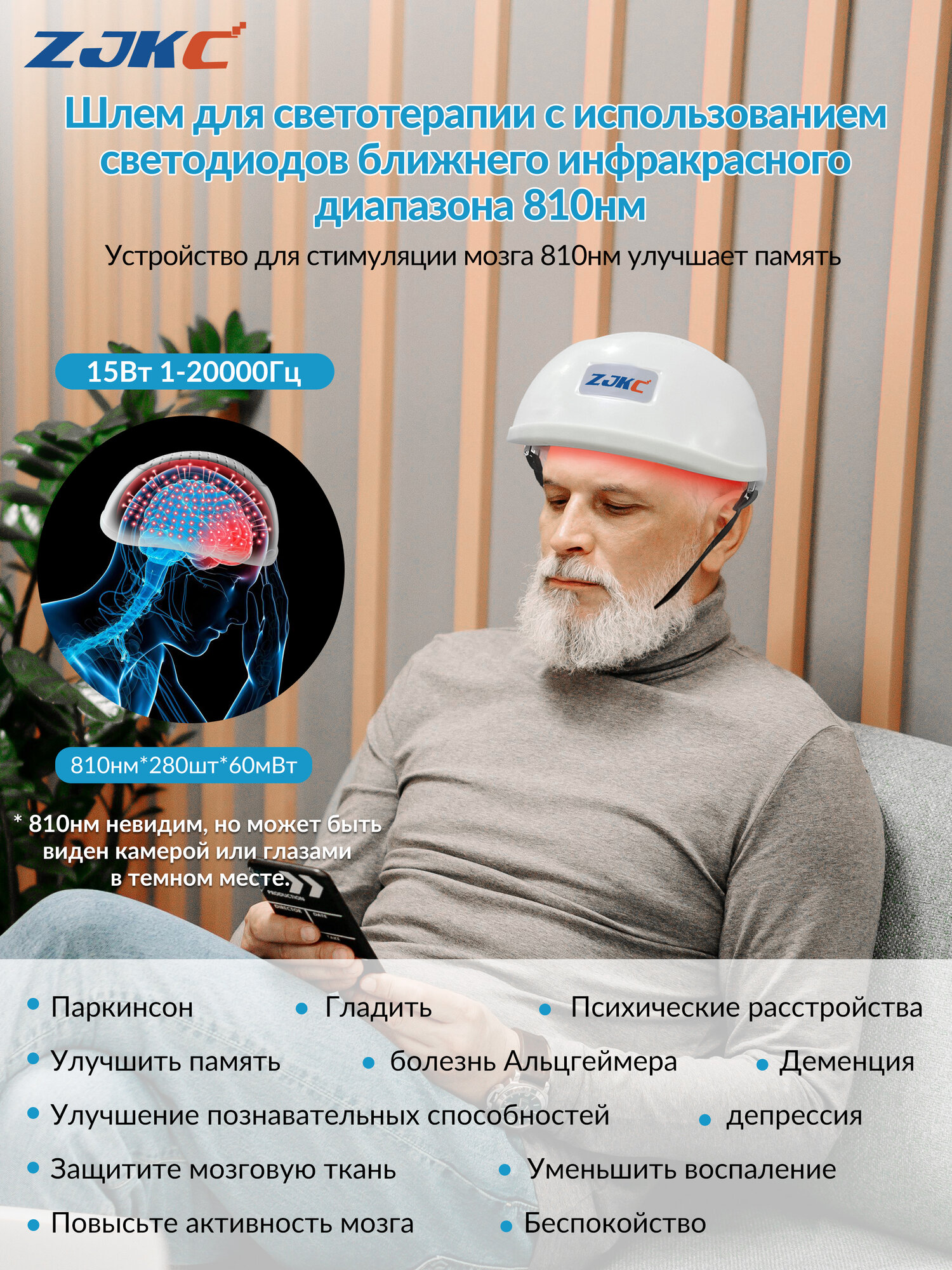 Шлем для терапии черепно-мозговых травм ближним инфракрасным светом 810 нм при инсульте и болезни Паркинсона