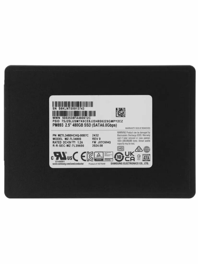 Накопитель SSD Samsung PM893 2.5", 480ГБ, TLC NAND, TLC, SATA III