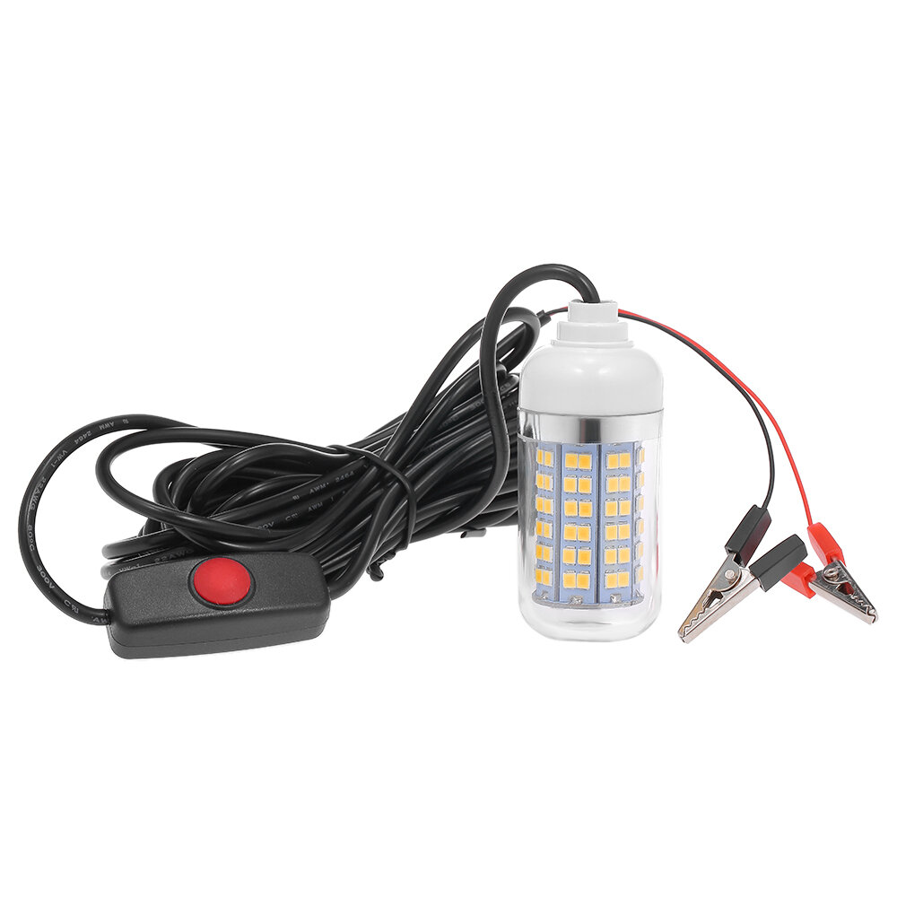 Аттракторная подводная рыбацкая светодиодная лампа 12V 15W с кабелем 5м и клешнями для батареи, материалы ABS, цвета Зеленый/Синий/Белый/Теплый белый, размеры 7.5*3см, угол свечения 360 градусов, 108 светодиодов 2835, водонепроницаемость IP68, вес 141г,
