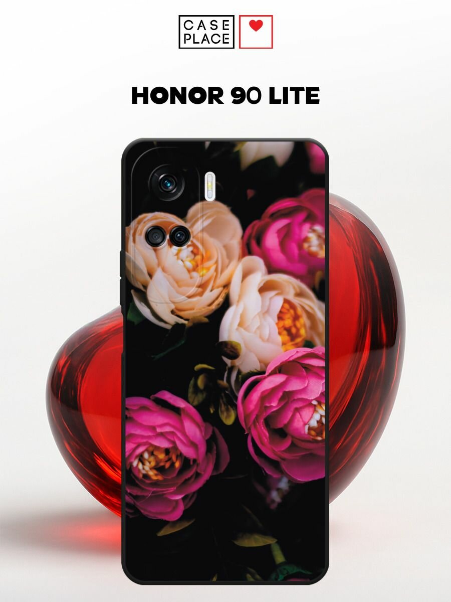 Черный матовый чехол на Honor 90 Lite / Хонор 90 Лайт с принтом Бордовые пионы