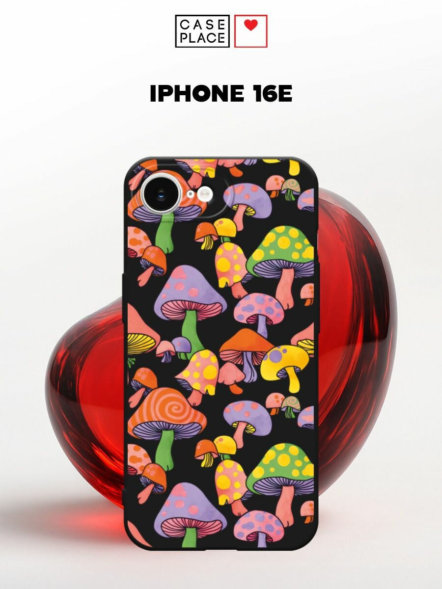 Черный матовый чехол на Apple iPhone 16e/17e / Айфон 16e/17e с принтом Цветные грибы