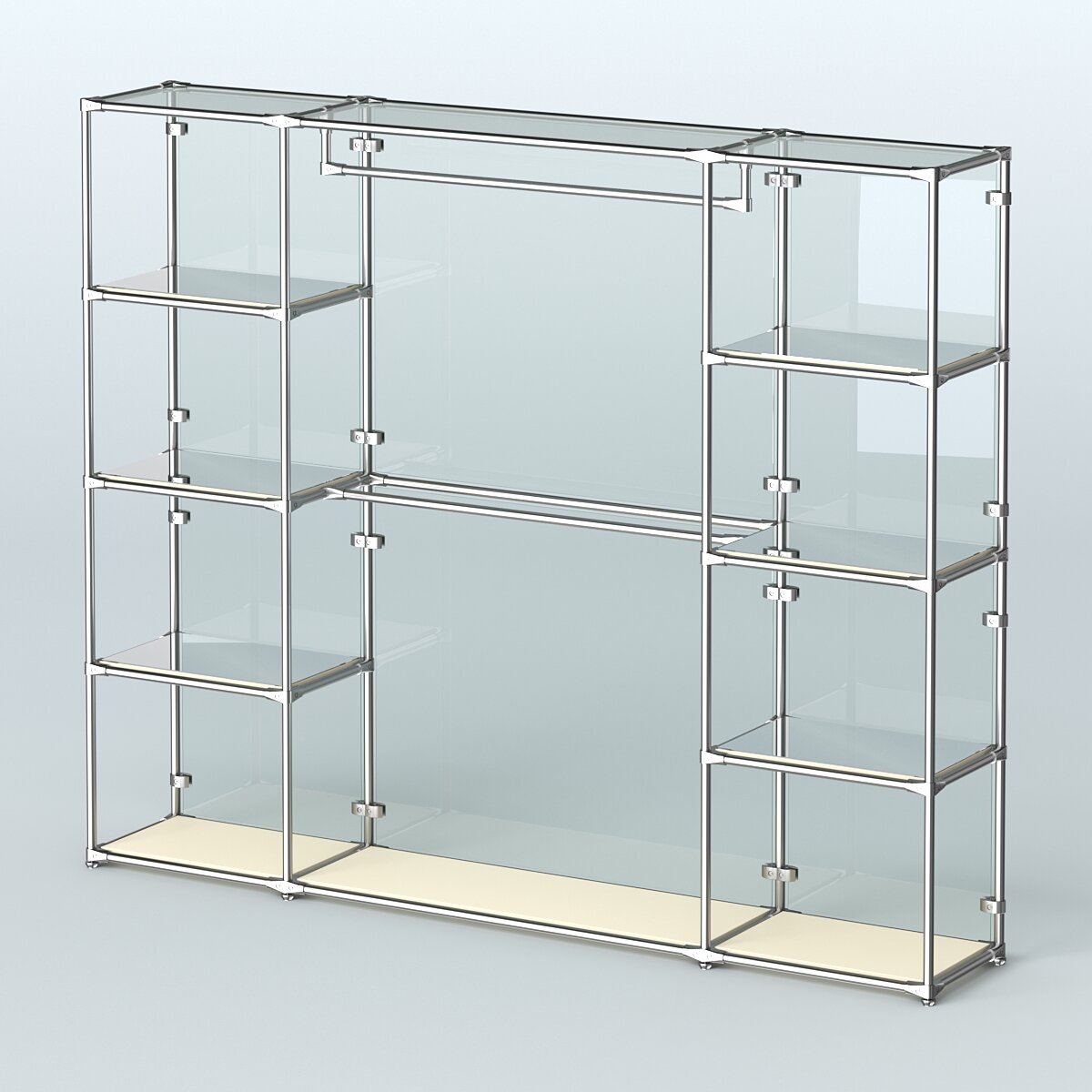 Торговая система хром (задняя стенка - стекло) 3600 мм с зеркальными полками и поручнями №3, Крем Вайс