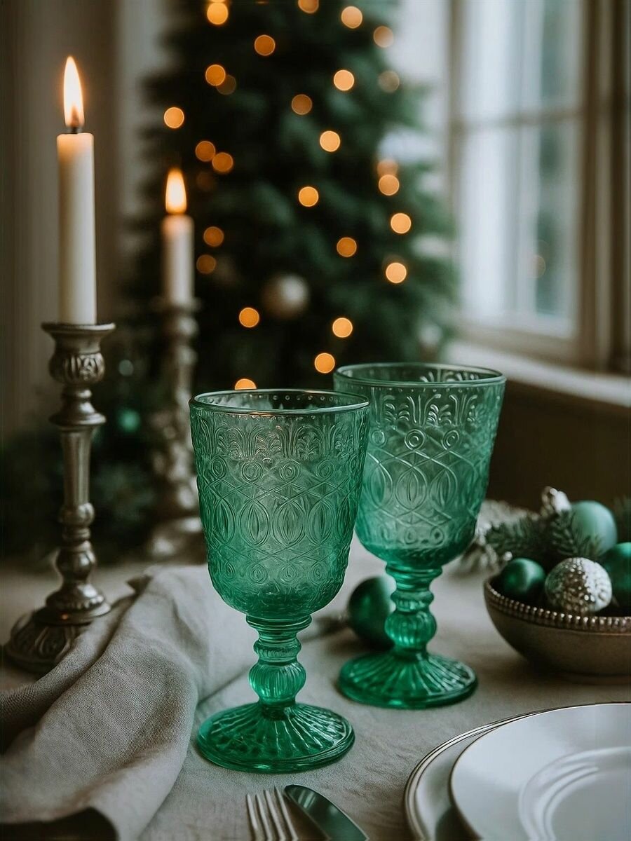 Набор цветных бокалов, фужеров на ножке с узором 300 мл 2 шт, зеленые. Коробка подходит для подарка.