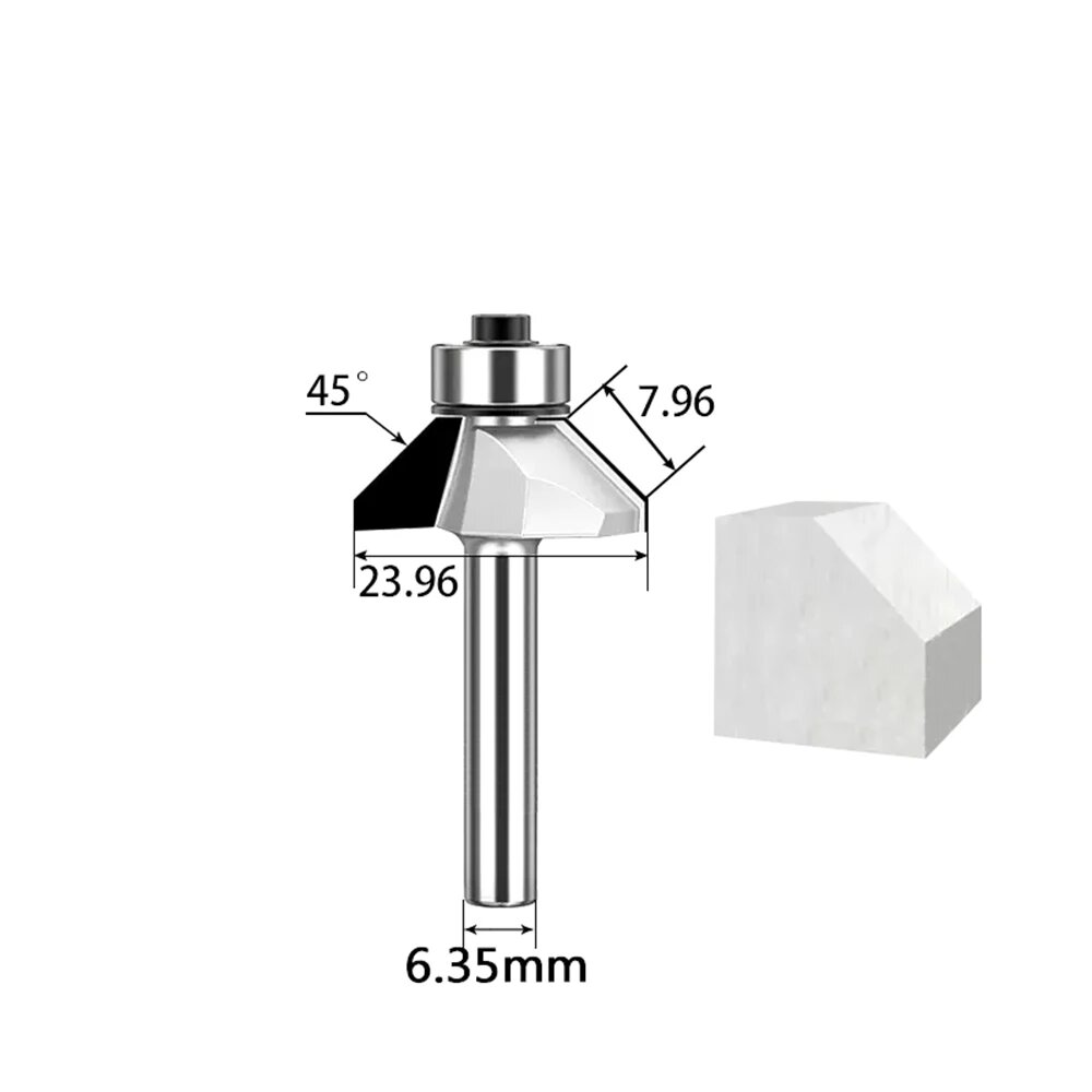 Алмазные 45-градусные фрезы для формирования фаски с подшипником для снятия фаски с ЧПУ, режущие инструменты по дереву, деревообрабатывающий фрезерный станок 6.35x23.96