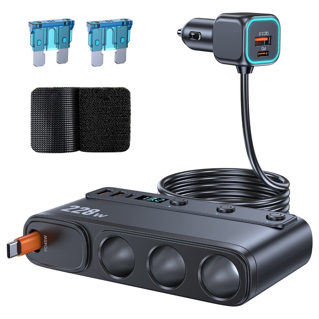 228 Вт 9 в 1 USB C Автомобильные Зарядные Устройства Адаптер QC3.0 PD45W Быстрая Зарядка Телескопический Кабель и Светодиодный Электрический Дисплей 12 В-24 В для Авто