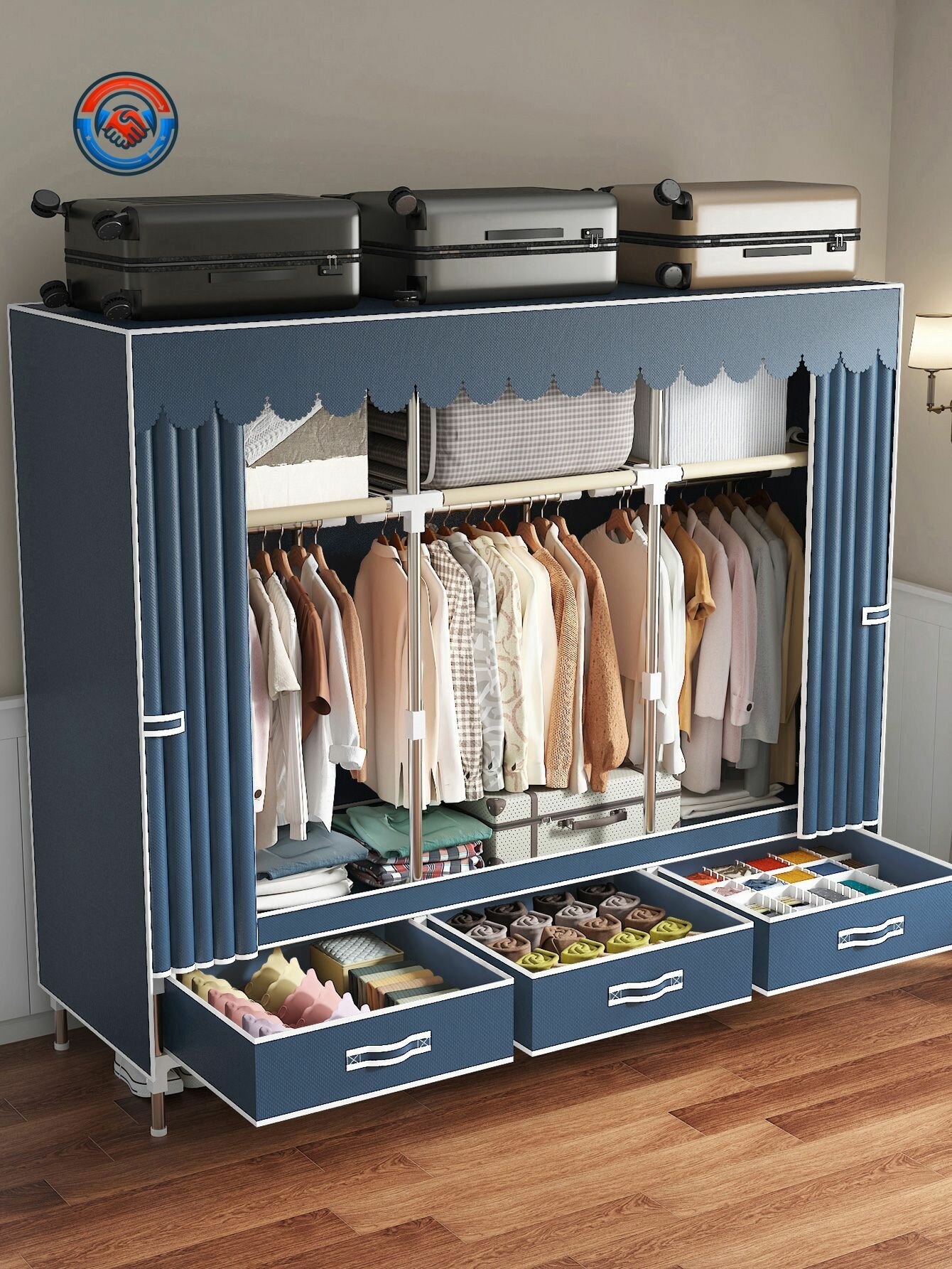 Тканевый напольный шкаф-гардероб для прихожей и спальни, легкая сборка, 3 секции и 3 ящика, мобильный текстильный гардероб на молнии, водо- и пыленепроницаемый чехол, идеален для дачи, аренды и временного хранения одежды