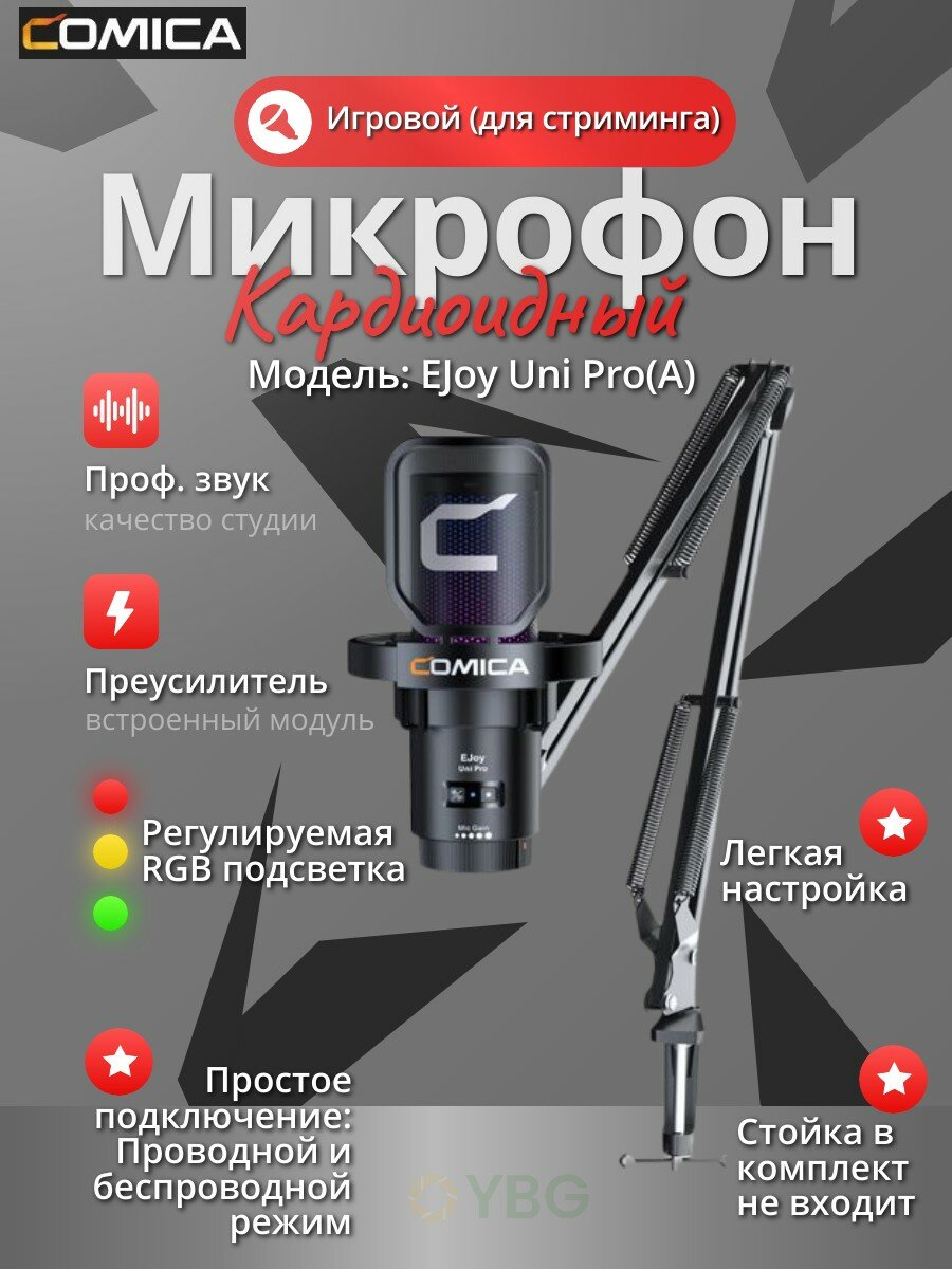 Динамический микрофон Comica EJoy Uni Pro(A) проводной/беспроводной для стримов с RGB-подсветкой, чёрный