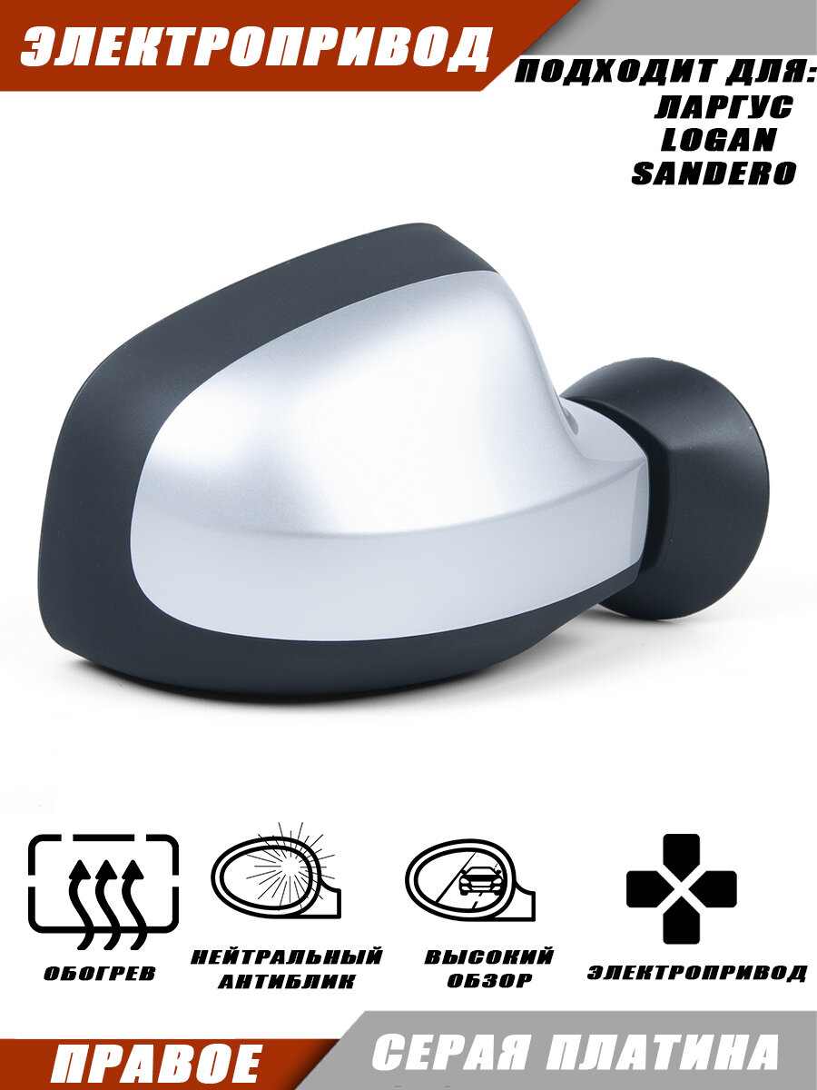 Зеркало для Лада Ларгус правое электропривод, обогрев, цвет Серая платина D69. 963023520R 963017247R Solina