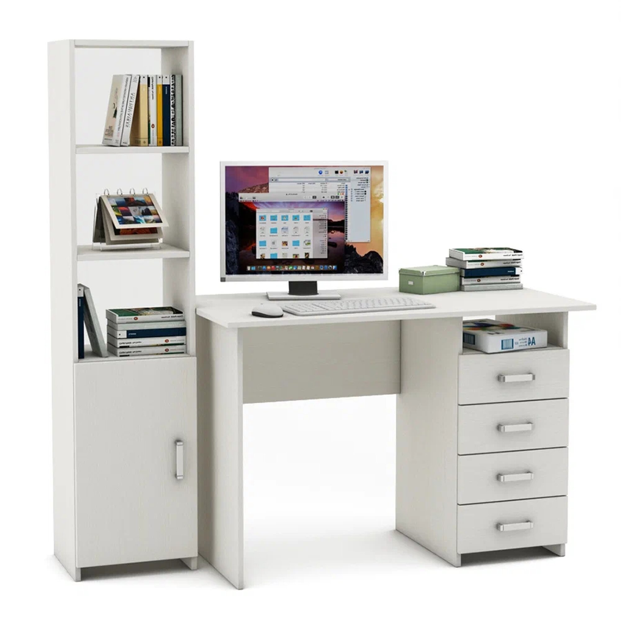 Письменный стол ВМФ Лайт (Ньюкасл) 5, со стеллажом, с ящиком для хранения, ЛДСП, белый