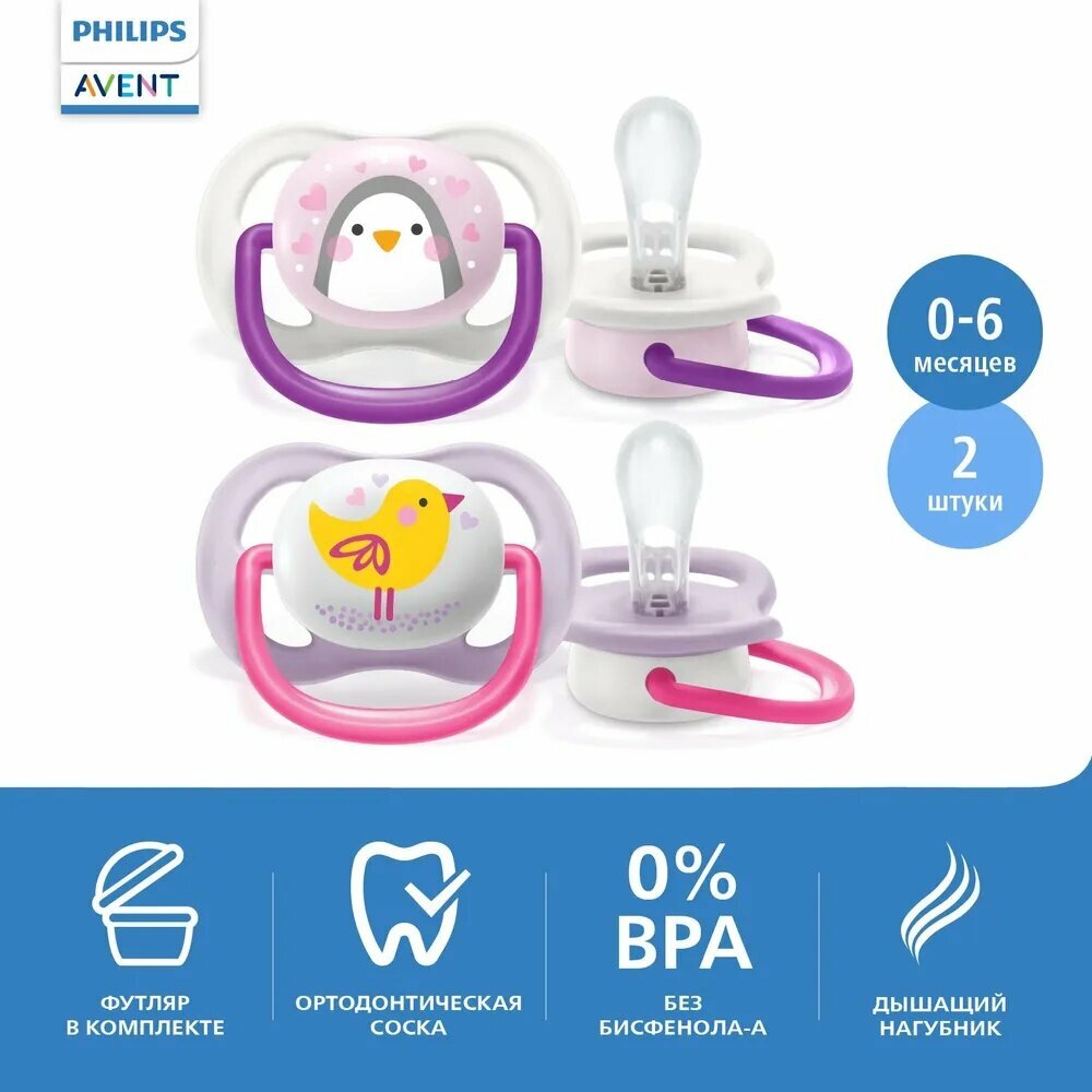 Соска-пустышка силиконовая Philips Avent ultra air SCF080/06 с футляром для хранения и стерилизации, 0-6 мес, 2 шт