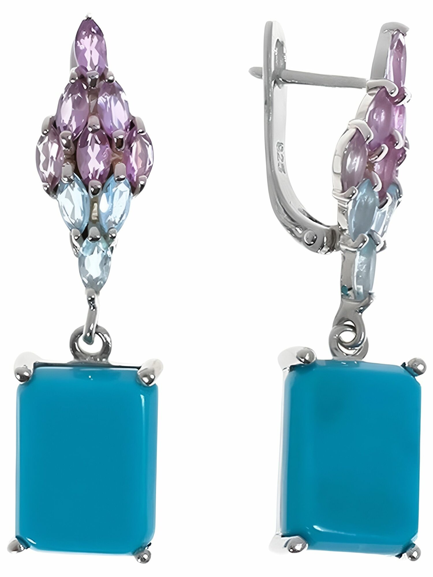 Серьги, серебро, 925 проба, родирование, топаз, бирюза, аметист