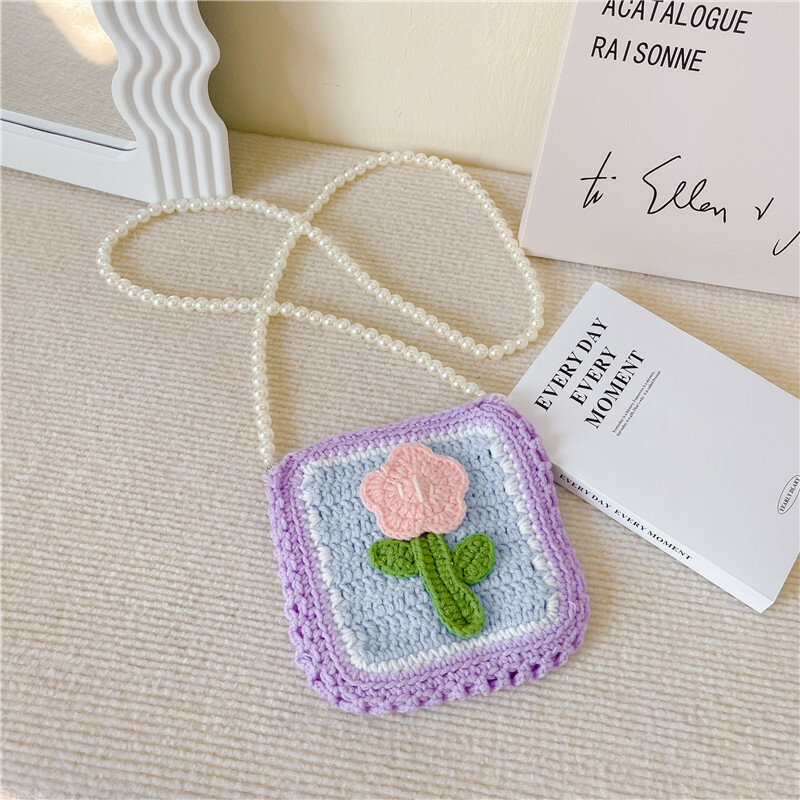 Привлекательная вязаная сумочка для детей с цветочным узором, мини-кошелек для малышей, фиолетовая