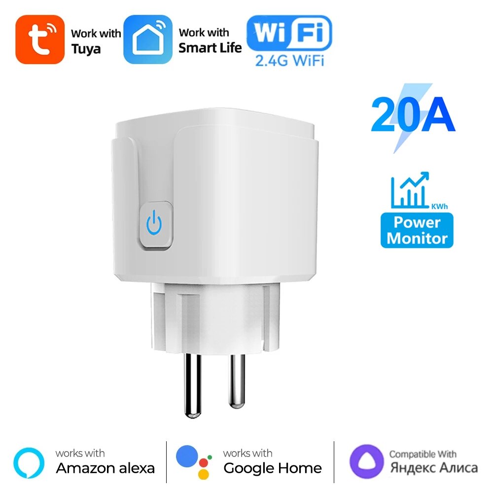 Умная WiFi розетка 20A с Power Monitor, Tuya, Smart Life