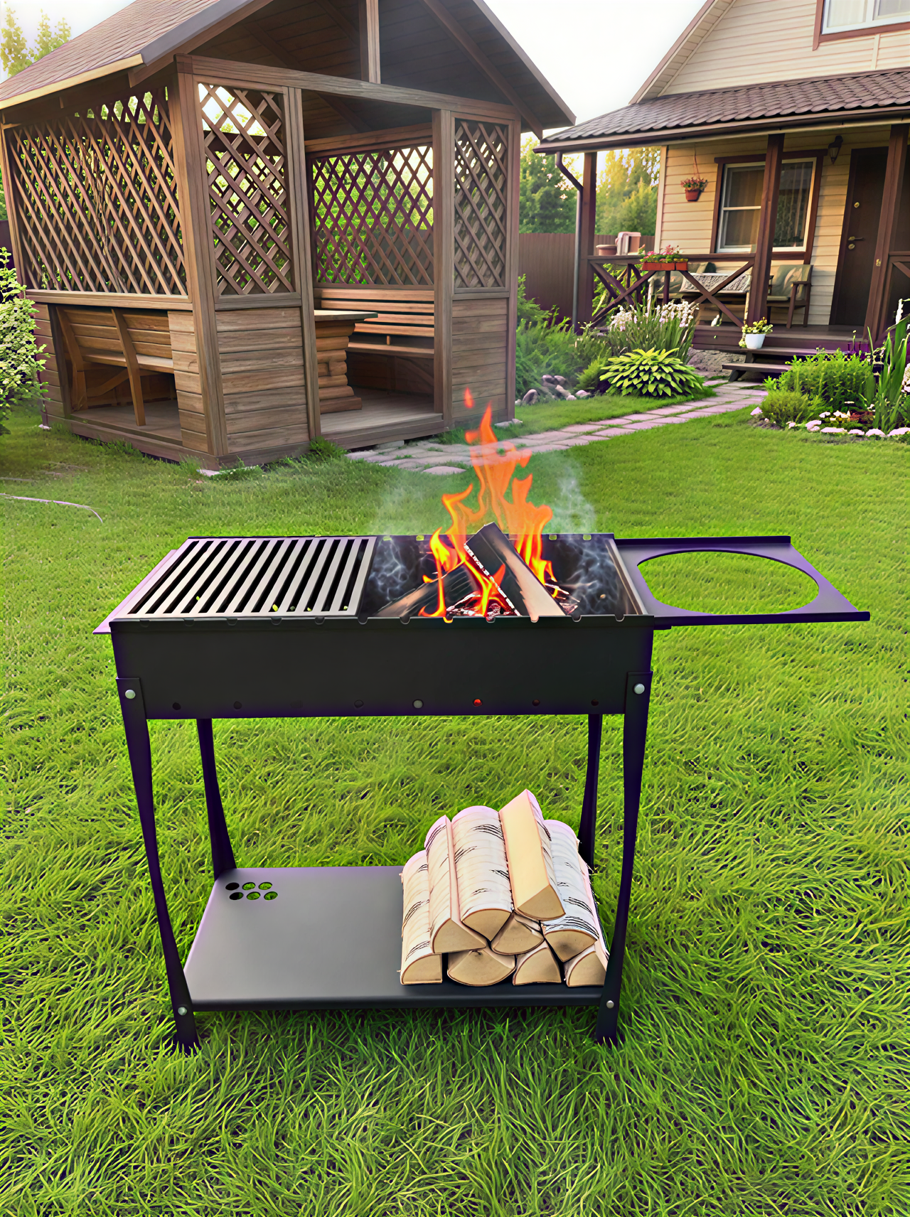 Мангал цельногнутый с решёткой гриль и подказанником на 12 л толщина стали 3 мм