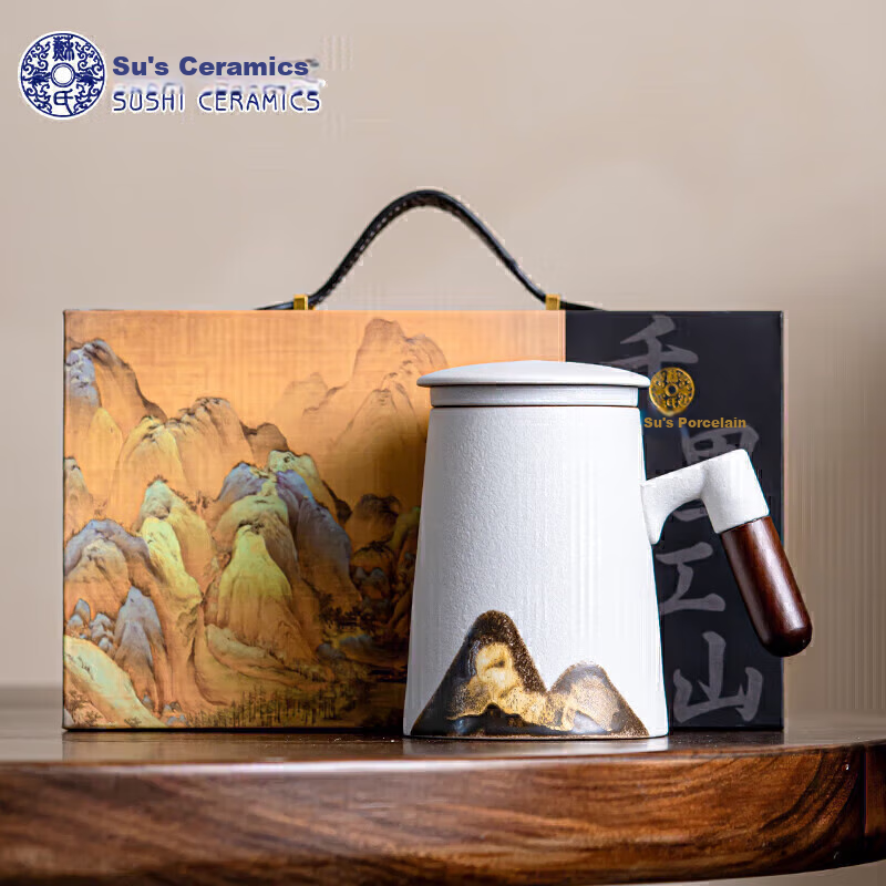 SUSHI CERAMICS Hand-painted Glazed Tea Cup with Landscape Design and Filter, White Ceramic Inner, Creative Office Cup