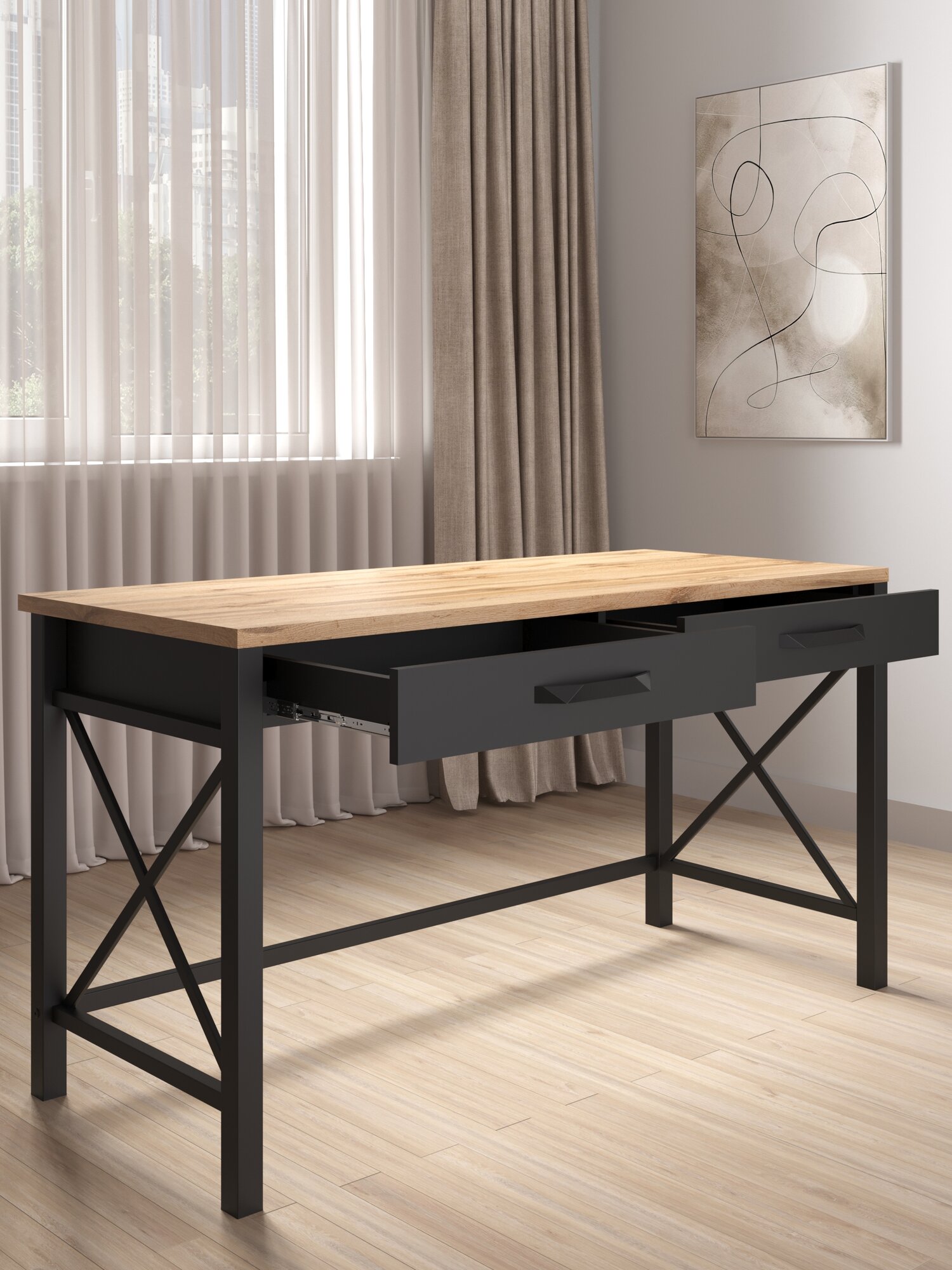 Стол компьютерный, письменный с ящиками Айленд 140х60 см, Дуб Вотан+Черный