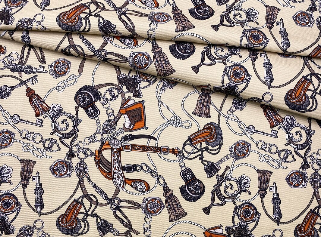 Ткань Джинса бежевого цвета с принтом ремни 12688