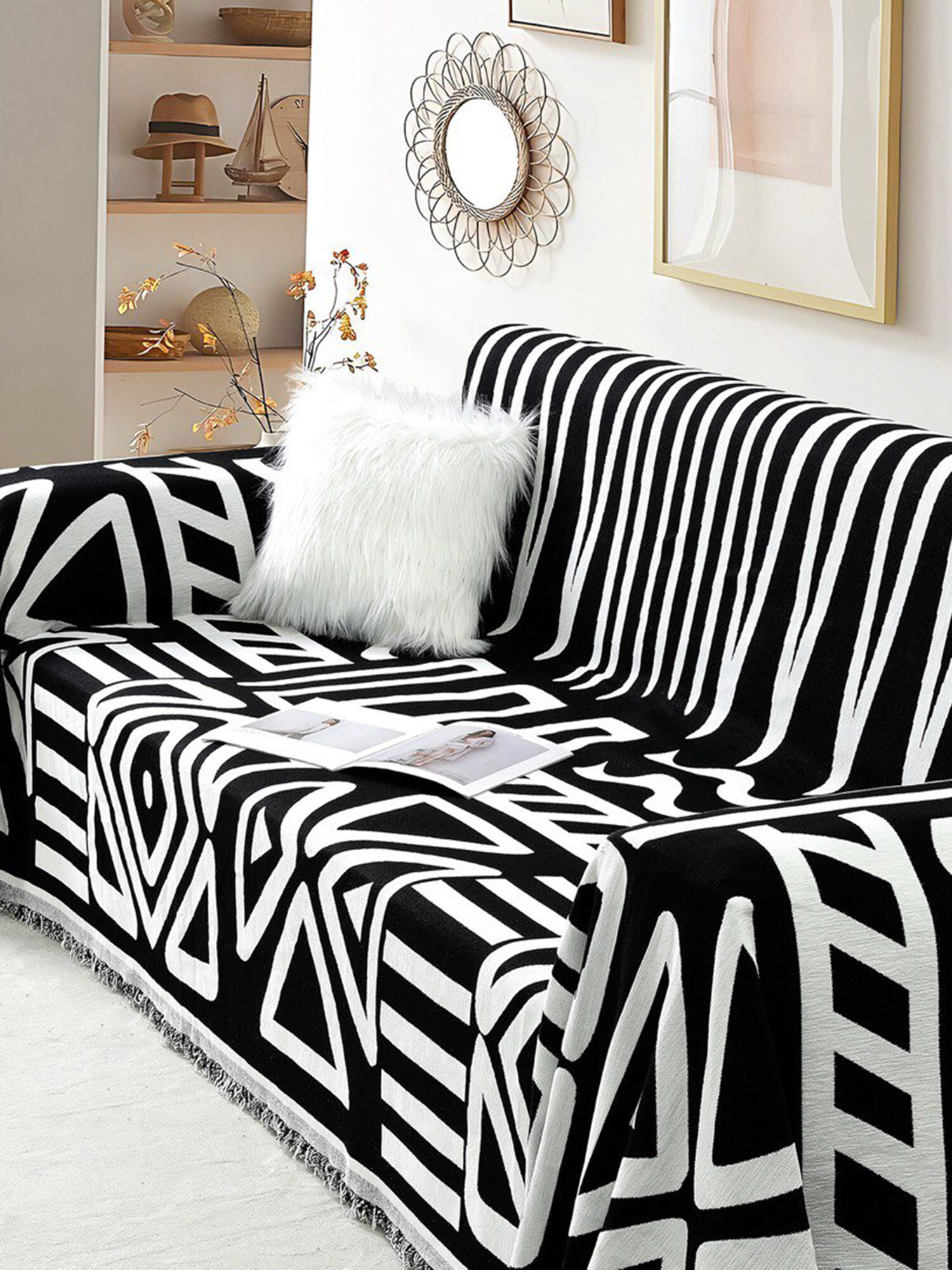 Покрывало "VT Chenille", шенилл, 180x180см, черно-белое, с бахромой, геометрический рисунок