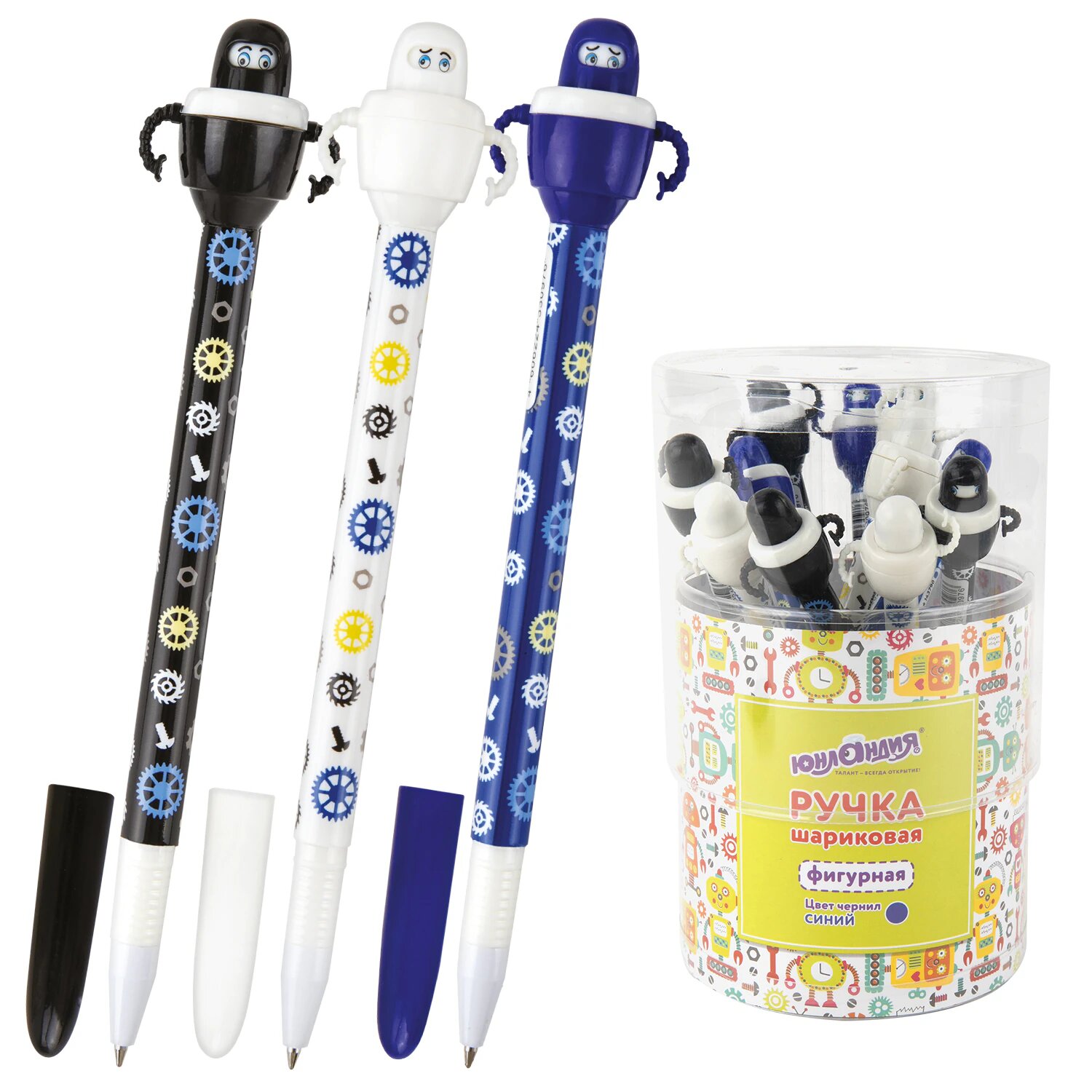 Ручка фигурная шариковая юнландия "Робот", корпус ассорти, синяя, пишущий узел 0,7 мм, 143790 (упаковка 12 шт.)
