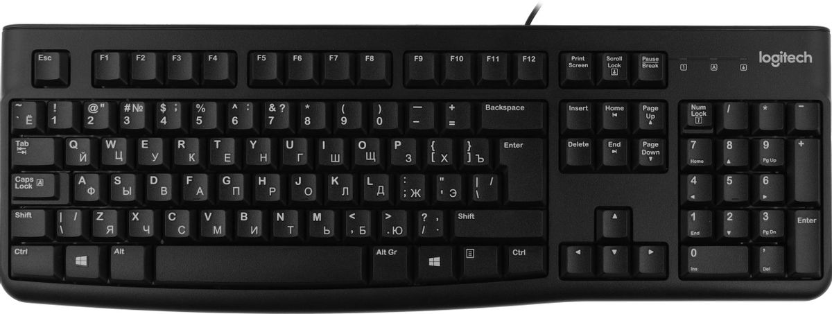 Клавиатура проводная Logitech K120, английская/русская раскладка (ansi), черный