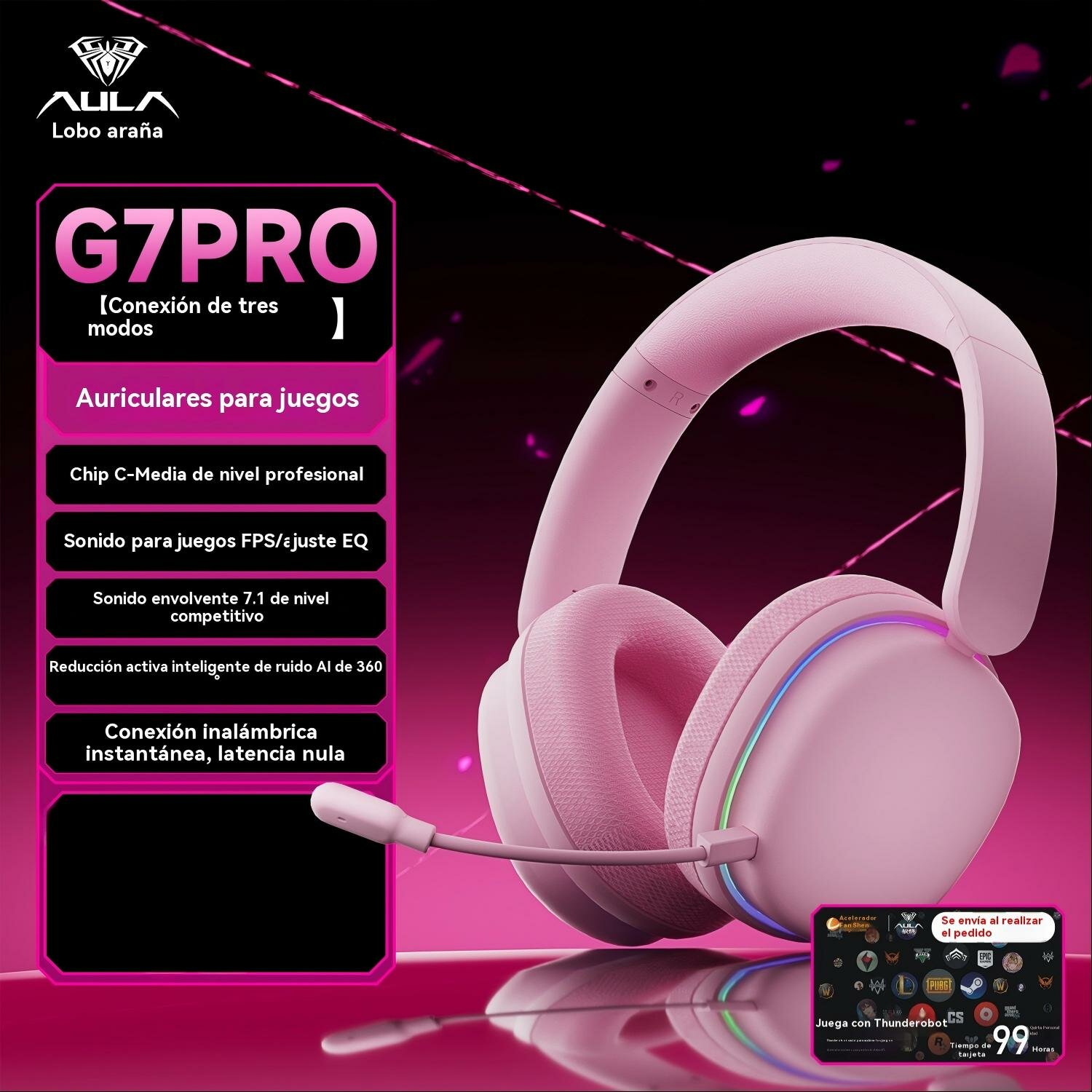 Игровая гарнитура Aula G7pro, поддерживает три режима работы, 1000 мАч, розовый