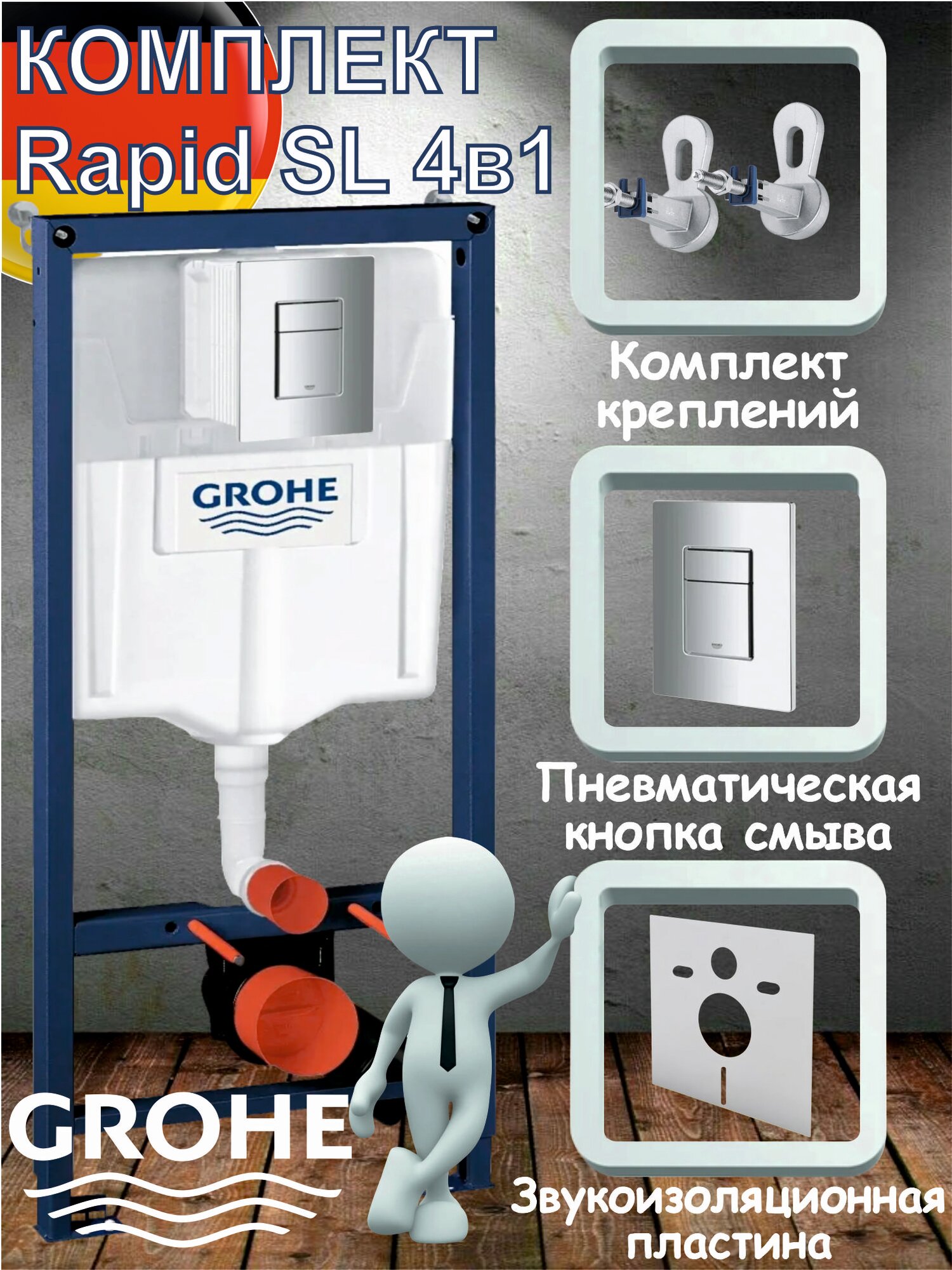 Инсталляция для унитаза GROHE Rapid SL 38772001 комплект 4в1, кнопка смыва Хром Матовый