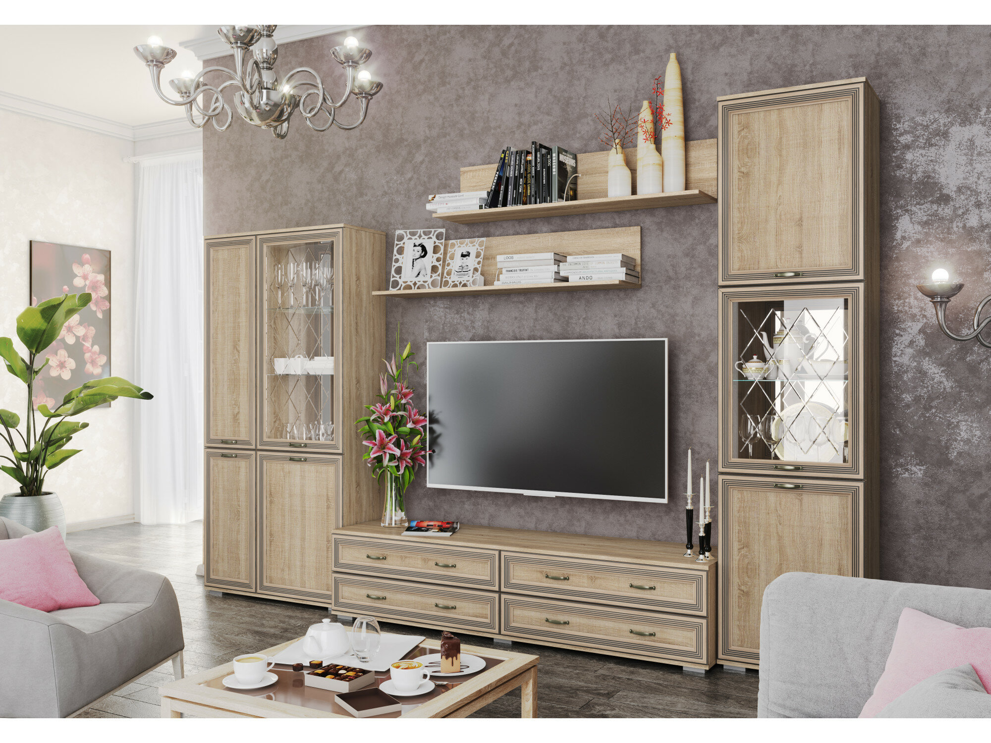 Модульная гостиная, набор 5, Дуб сонома (Фасад патинированная рамка и 3Д вставка МДФ)