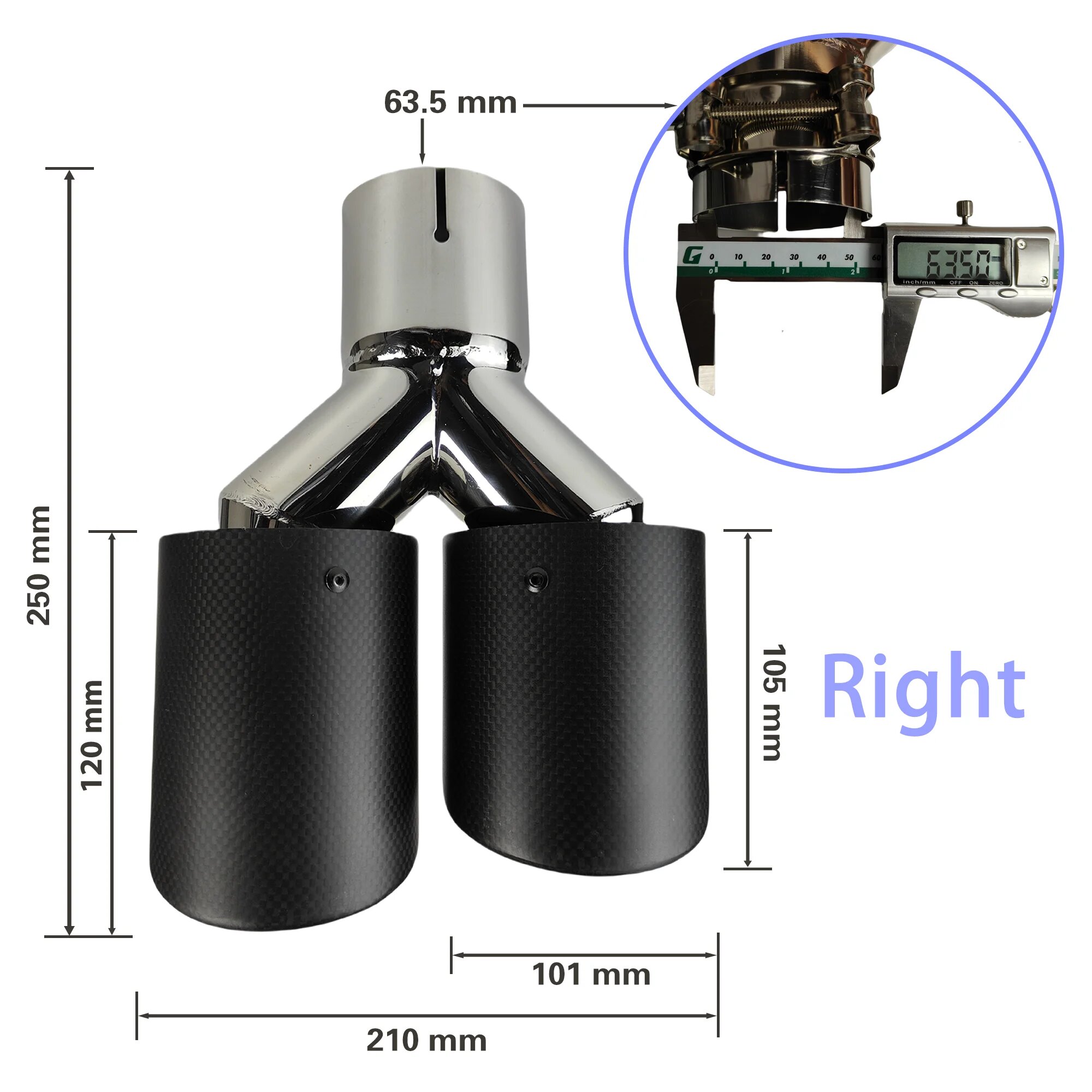 Автомобильный глянцевый глушитель из углеродного волокна, Y-образная форма, двойные выхлопные трубы, глушители, универсальный Глянец из нержавеющей стали 63.5mm-101mm-Right