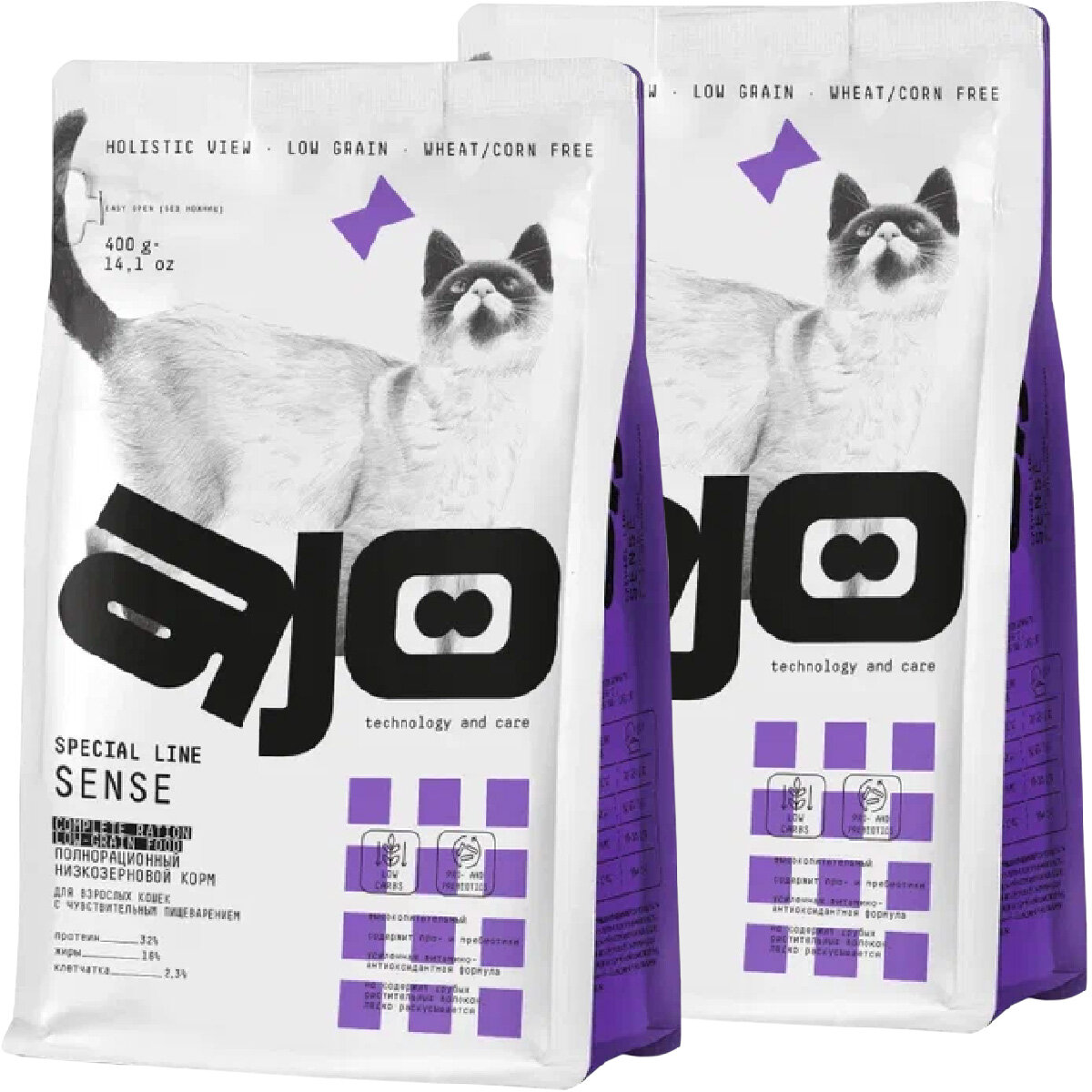 Корм сухой Ajo Cat Special Line Sense низкозерновой для для кошек с чувствительным пищеварением, оленина, 0,4 кг х 2 шт