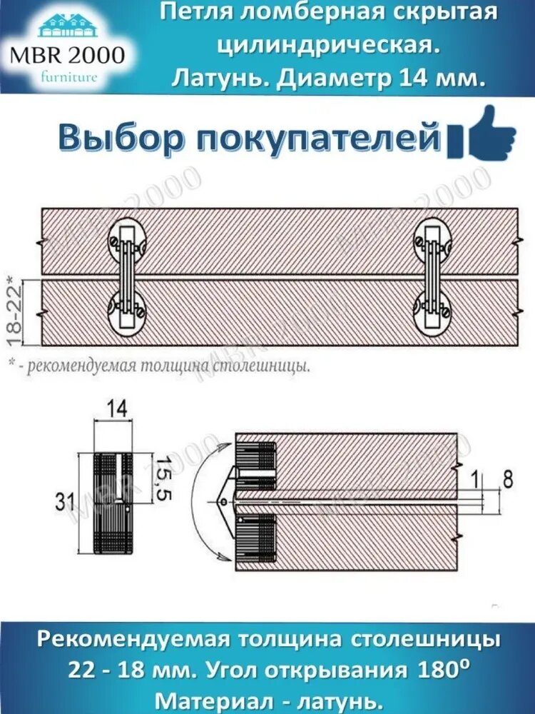 Петля мебельная ломберная скрытая цилиндрическая MBR 2000 для стола D14 мм. Комплект 3 шт. Латунь — фото 1