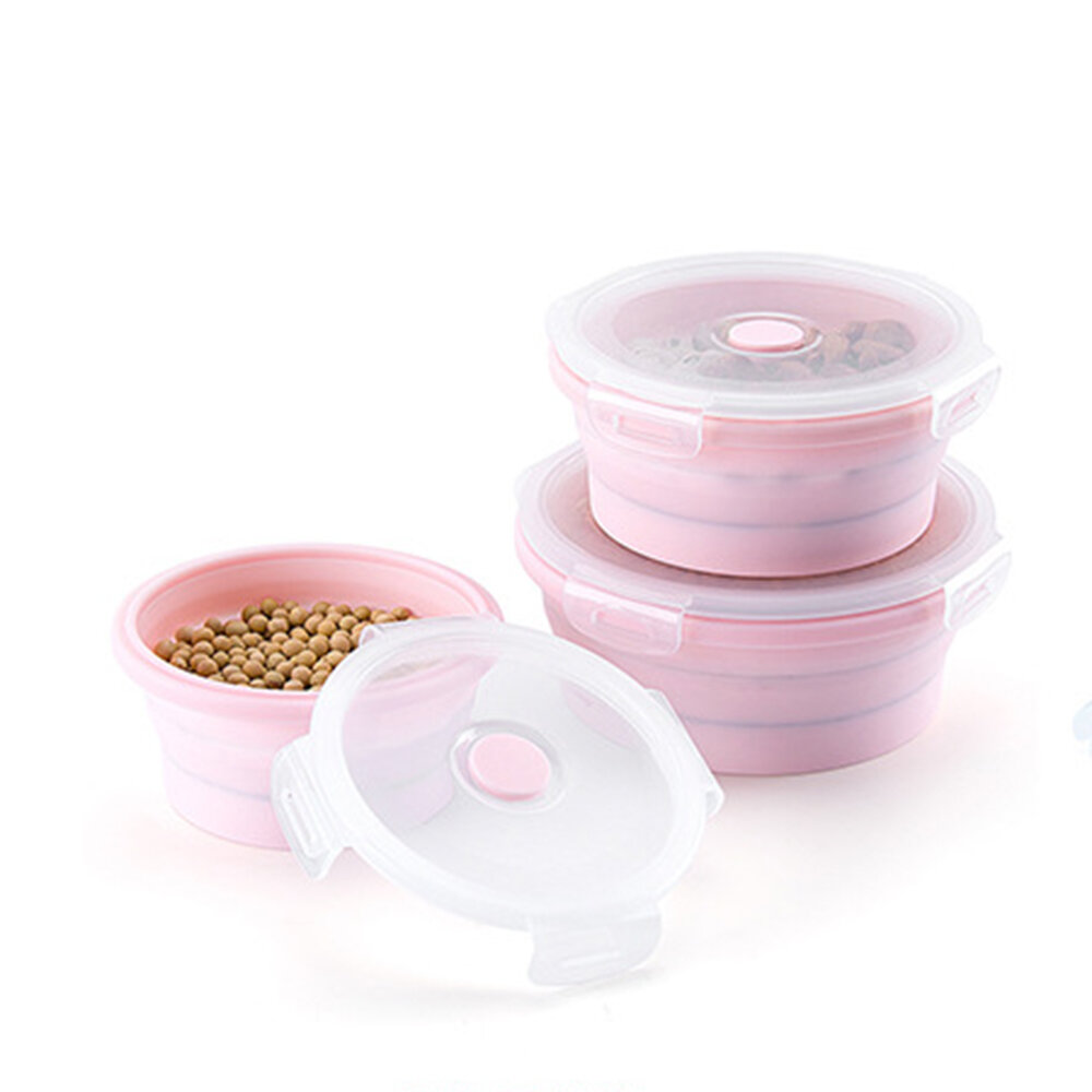Набор силиконовых ланч-боксов раз접ных контейнеров для еды круглых складных пикник для улицы кухня микроволновая морозильная миска 3 штуки 350/500/800мл Розовый Синий