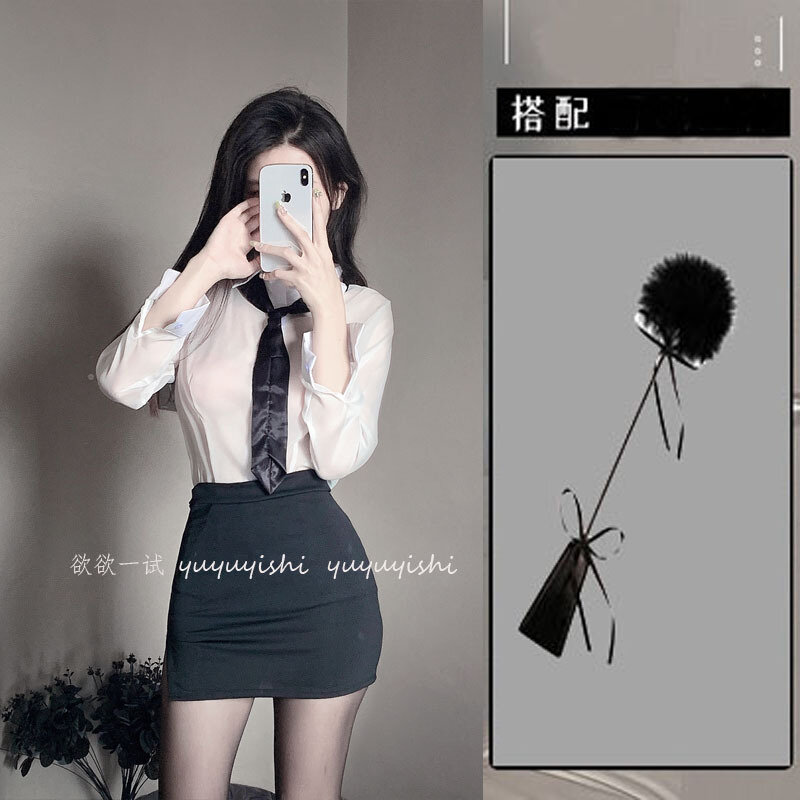 Форма секретаря и галстук, соблазнительные черные чулки, юбка-карандаш, белая рубашка, прозрачная одежда, манящий, сексуальный шарм 0018. Секретарша + бит