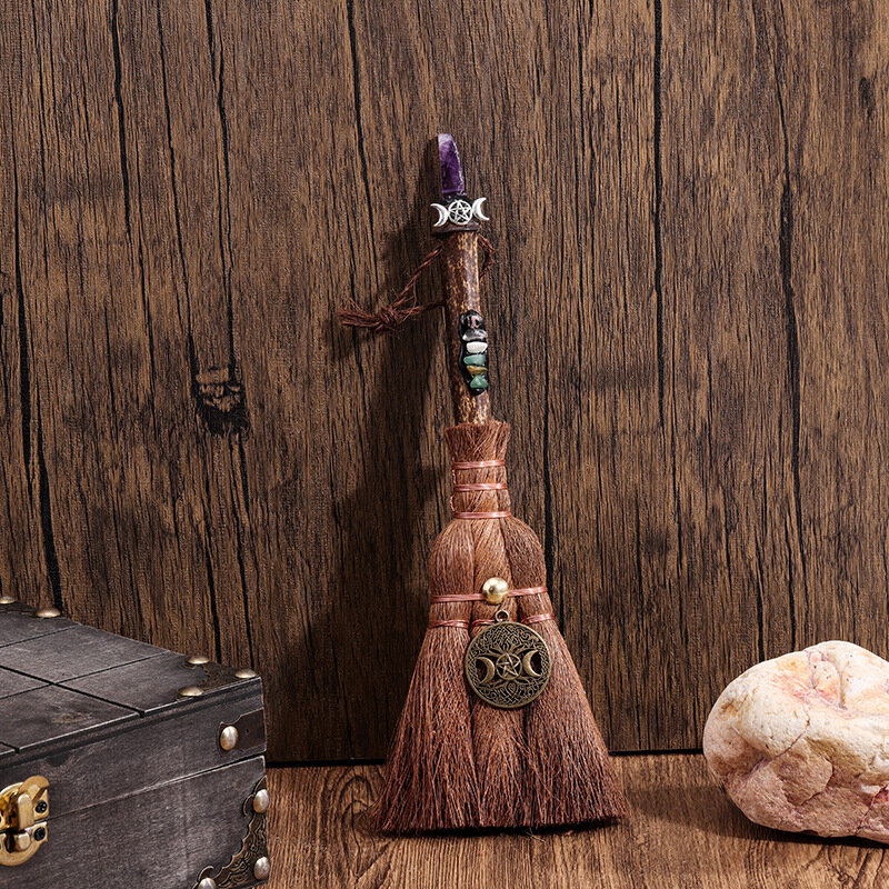 Натуральный кристаллический необработанный камень, метла ведьмы, подвесное украшение для автомобиля, 24 см, длинная метла, подвесное украшение