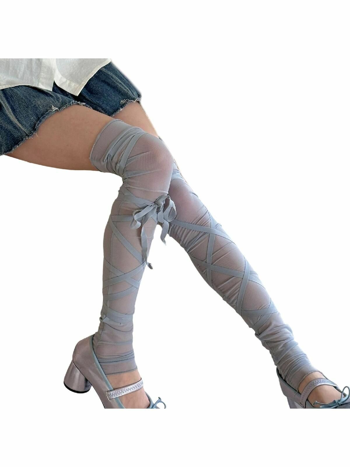 Элегантные чулки до бедра с кружевом и лентами, Серо-голубой