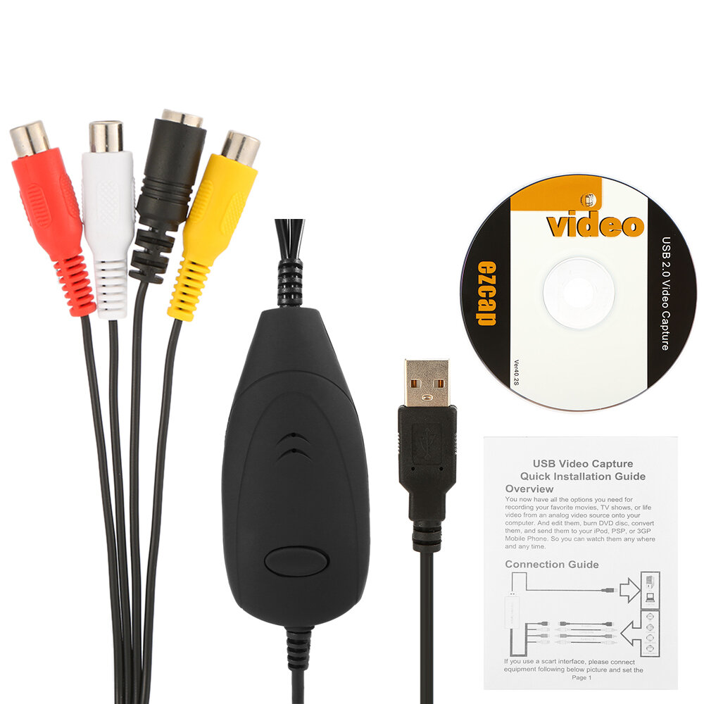 Ezcap172 USB 2.0 Video Capture HD Video Converter Recorder Black для преобразования аналогового видео и аудио в цифровой формат, совместимый с Windows 7, 8, 10, с входами Composite Video (RCA), S-Video (miniDIN 4pin), Audio L/R (RCA), поддерживающий PAL,