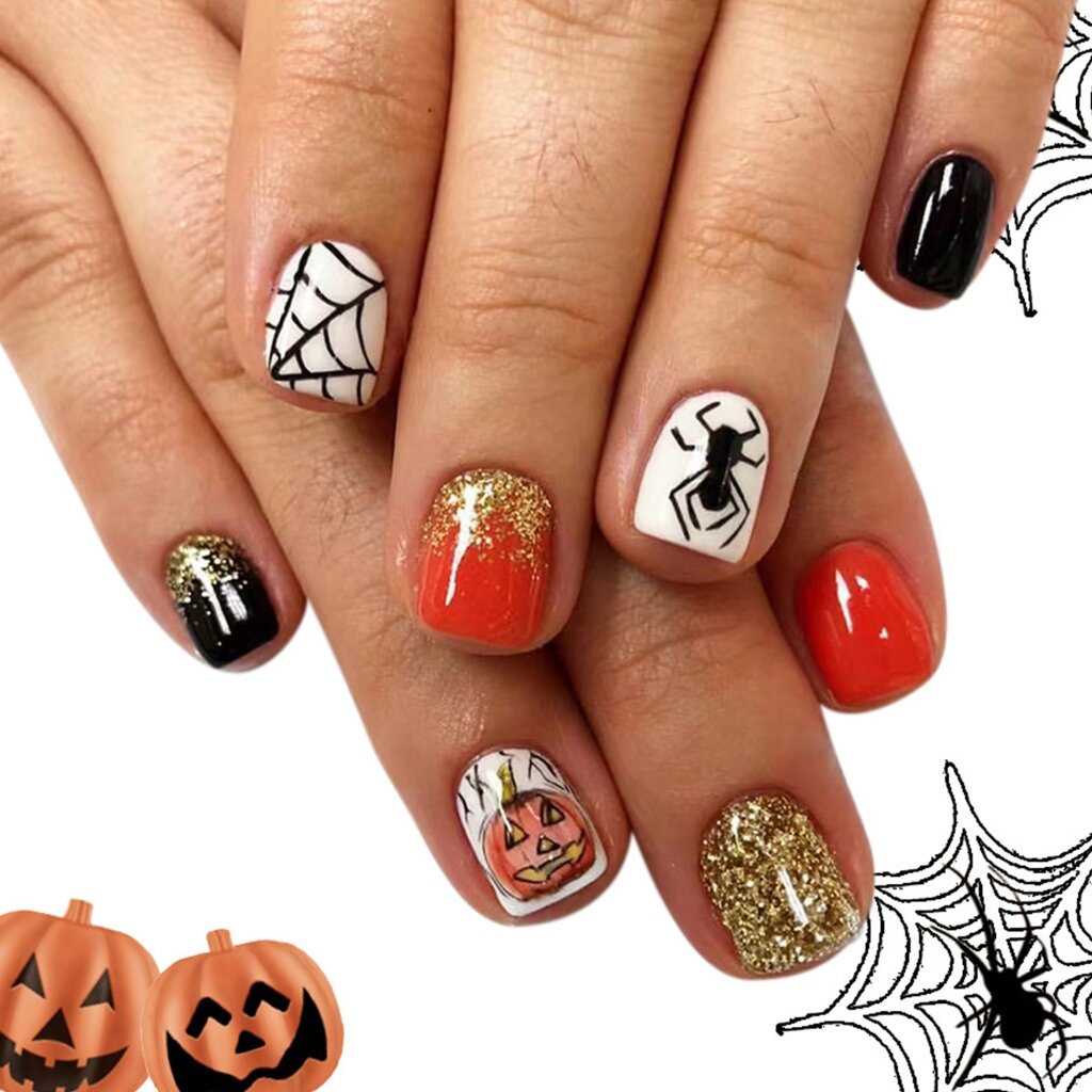 Spooky Season Press On Nail Glitters Plastic Artificial Nail Halloween Pumpkin Bat Patterns Quick Applications
