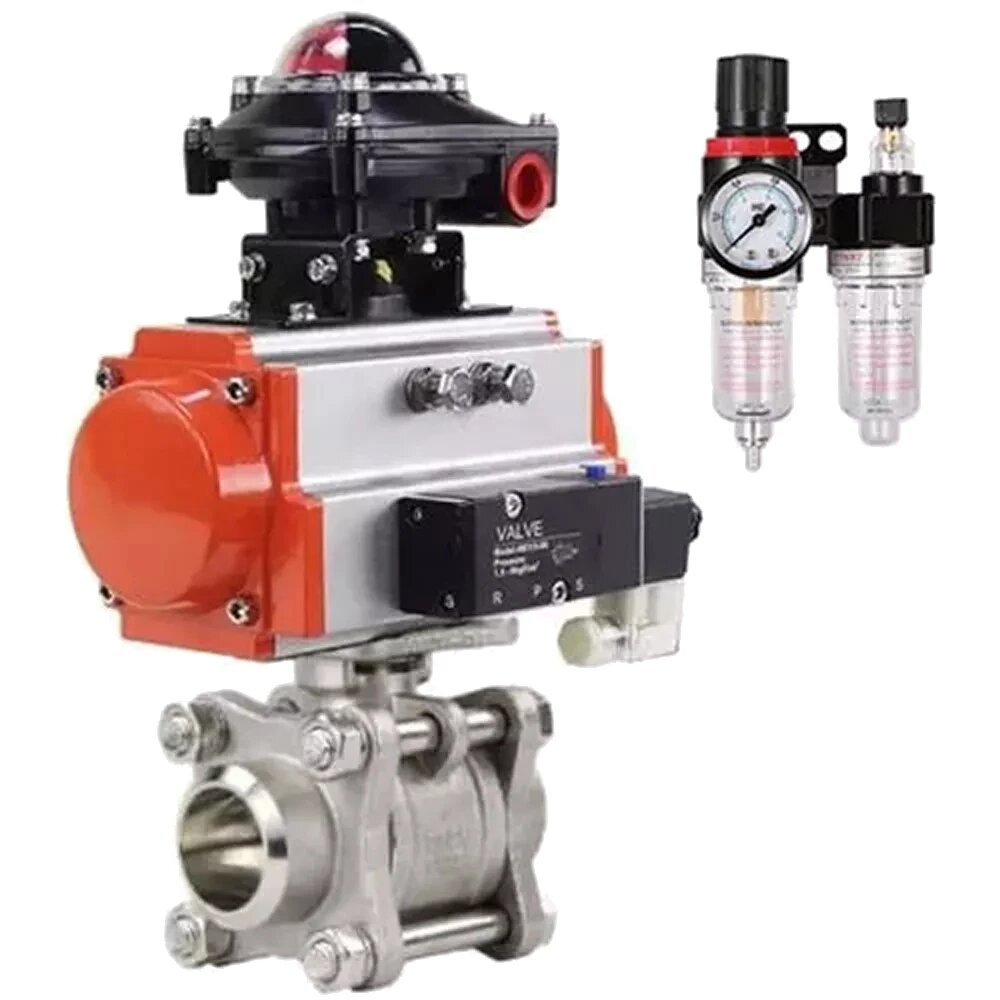 Кран шаровой DN.ru кшпп 316.200-ISO Ду25 Ру63, полнопроходной под приварку, нержавеющая сталь SS316, PTFE, с пневмоприводом DA-052 двойного действия, с пневмораспределителем PND1-S2EM-52-2-T10-220VAC, с БКВ LSB-410-02ExM12-250, с БПВ APU1-10-40-V08