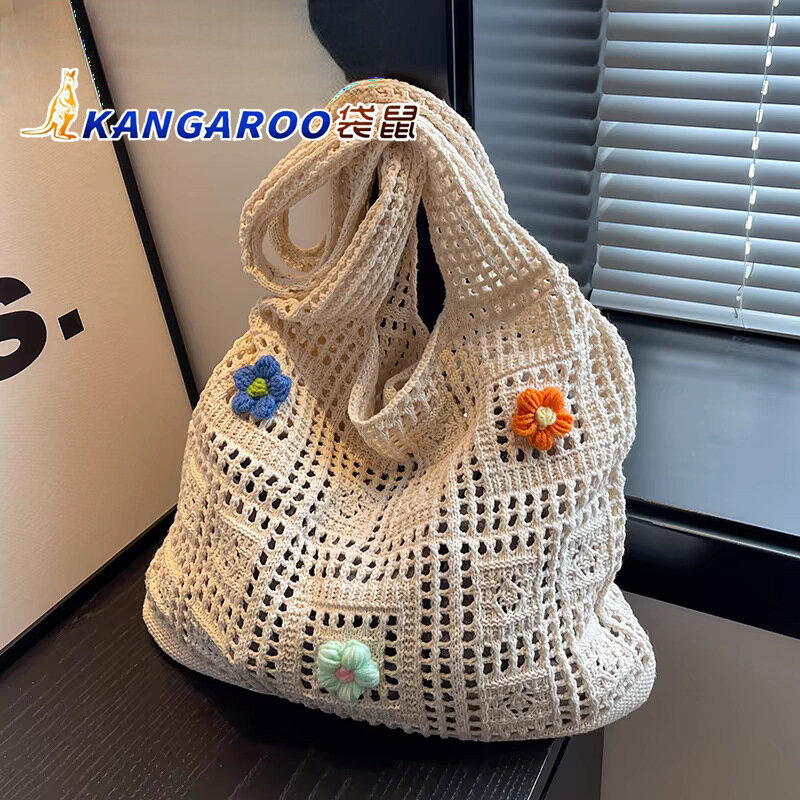 Вязаная сумка для женщин, большая вместимость, новый нишевый дизайн, летняя ажурная сумка через плечо, текстурированная модная сумка-ведро
