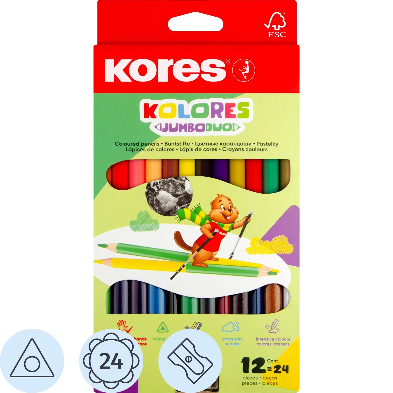 Карандаши цветные двойные 24 цв,12 шт Kores DUO Jumbo, трехгр,5 мм,93252