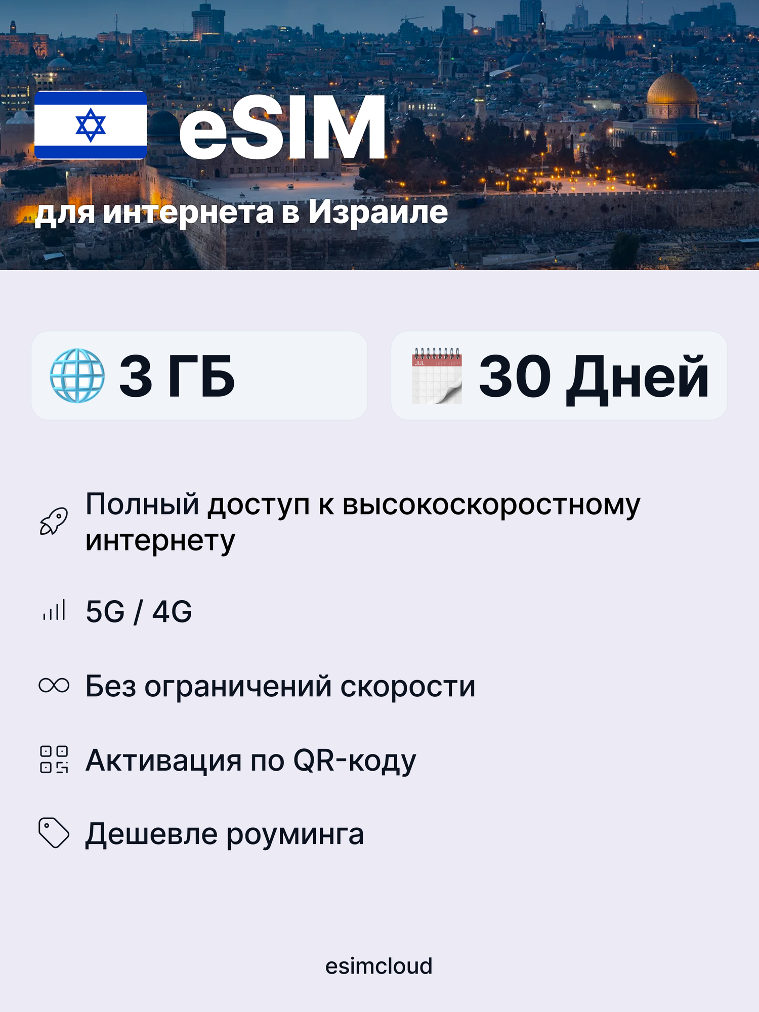 ESIM для Израиля 3 ГБ / 30 дней • Мобильный интернет • Универсальная eSIM • 4G LTE / 5G • Смартфон и планшет