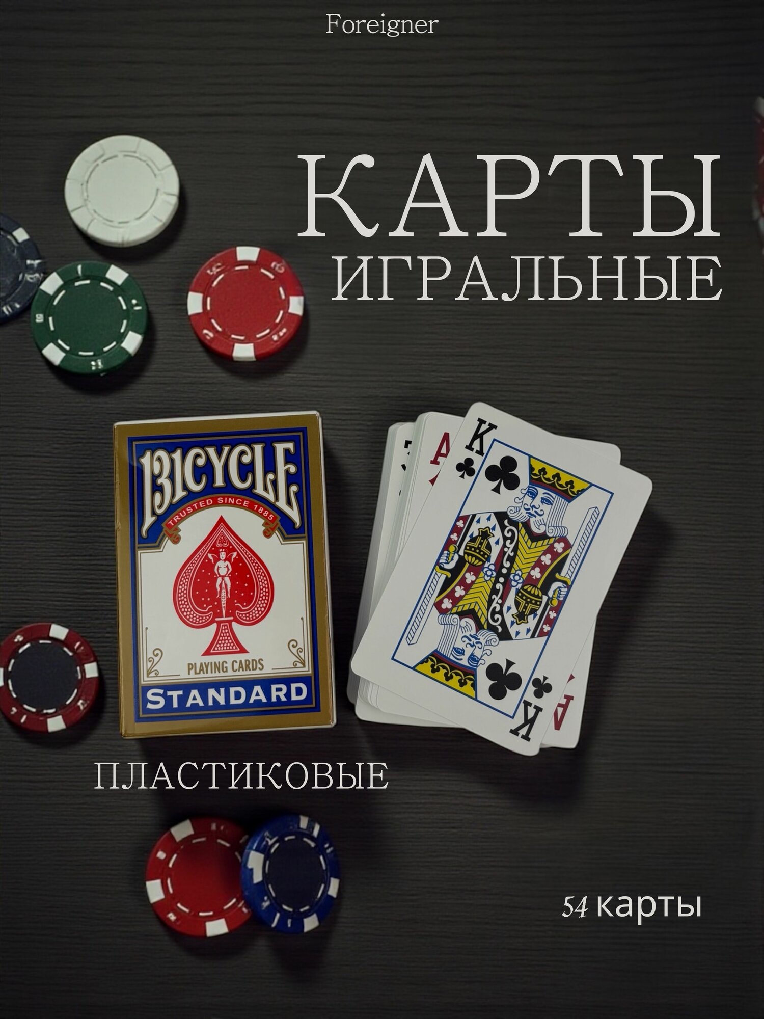 Карты игральные BICYCLE пластиковые 54 шт, для покера, карточных игр и досуга