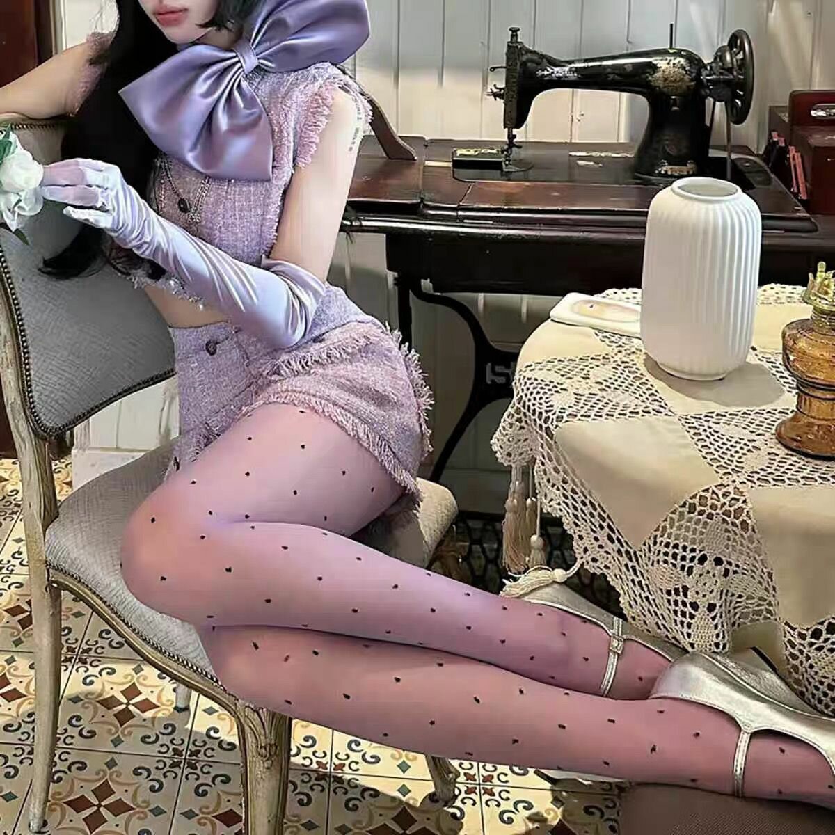 Французский стиль, чулки с фиолетовыми горошками, Y2K, весна-лето, балетный стиль, допаминовый наряд, ультратонкие, высокопрозрачные черные шелковые чулки для женщин