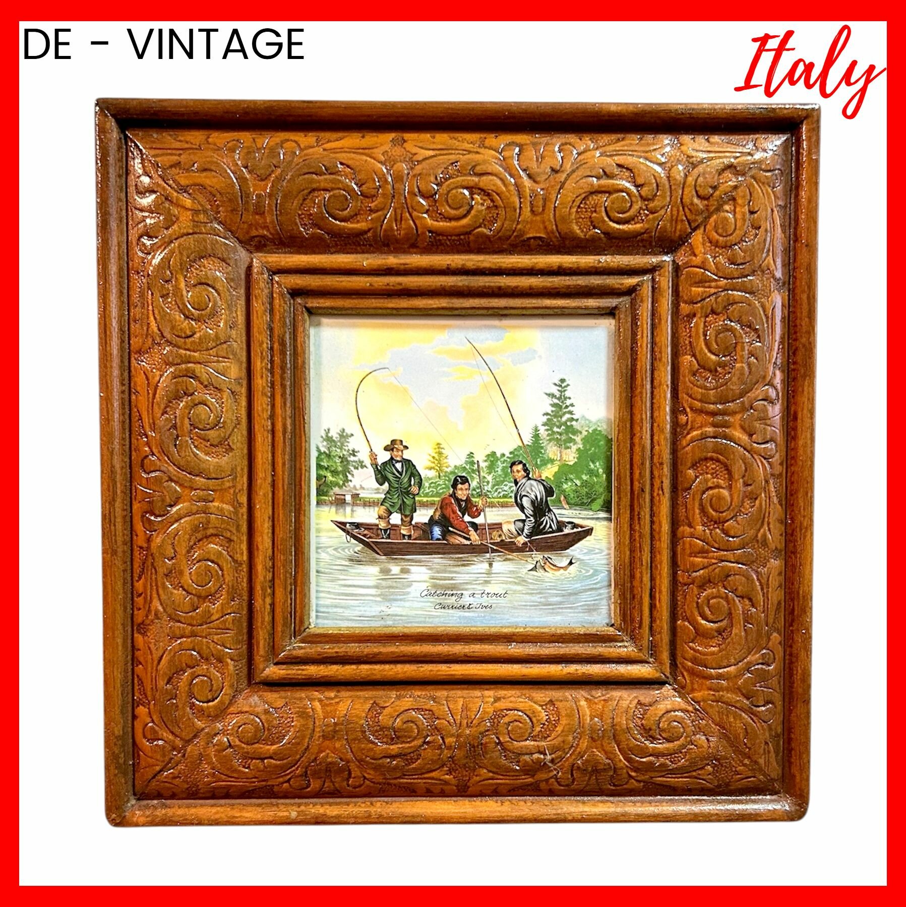 Изразец Рыбалка, винтаж. Италия