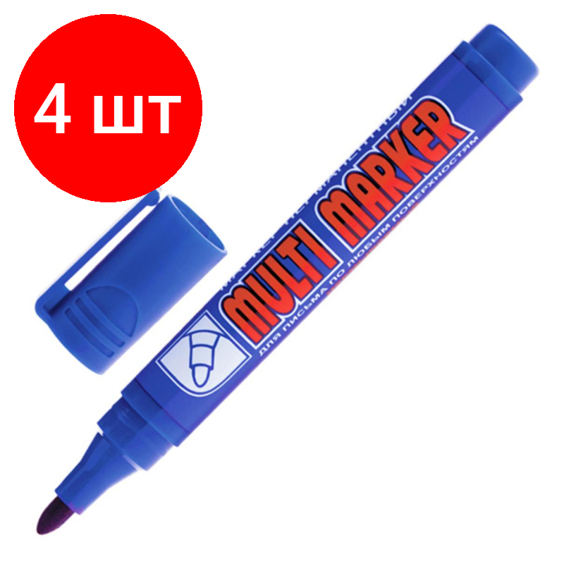 Комплект 4 штук, Маркер перманентный Crown Multi Marker 3-5 мм синий