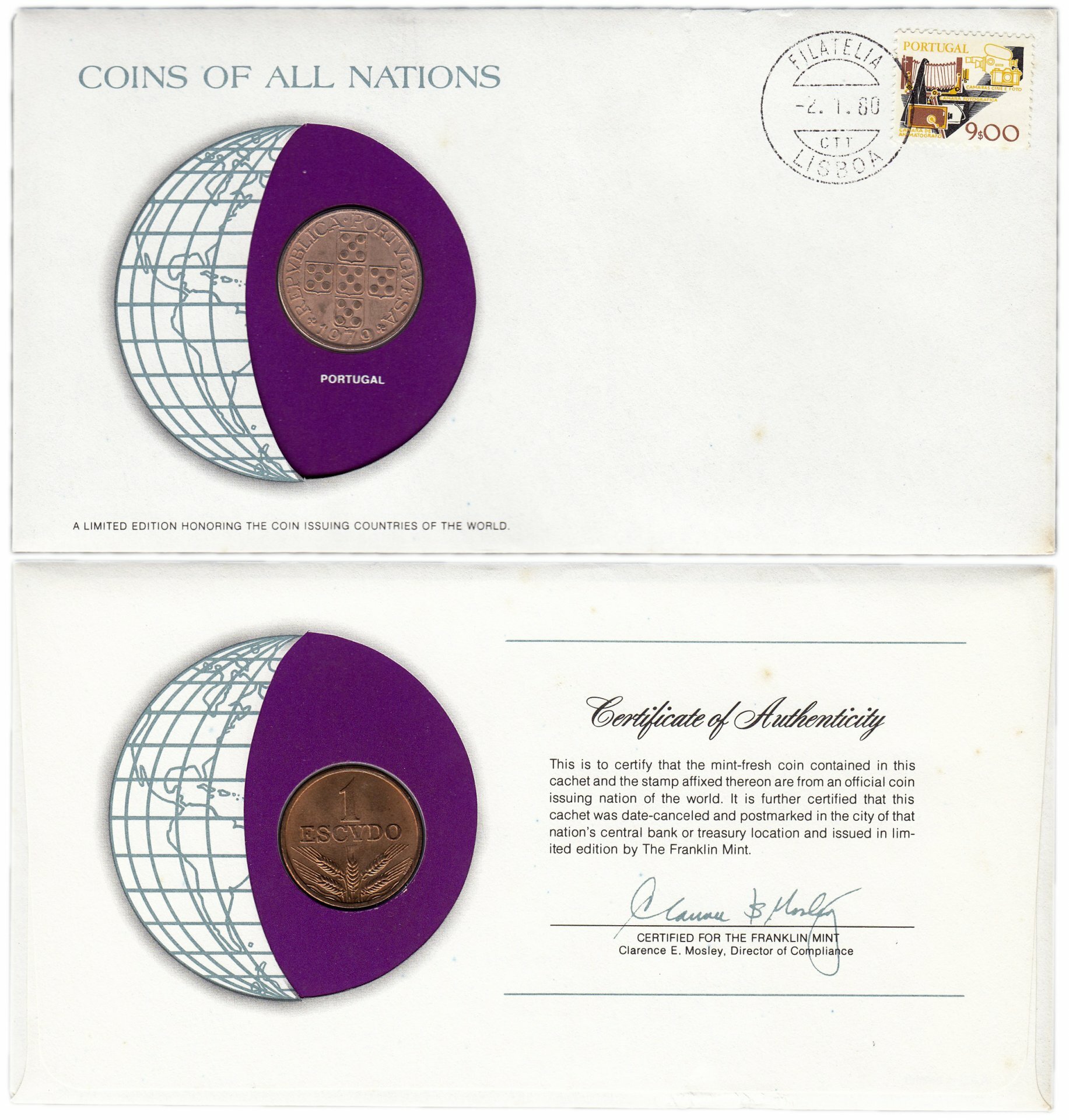 Серия "Монеты всех стран мира" - Португалия 1 эскудо escudo 1979 монета и 1 марка в конверте, Бронза, в сохранности AU